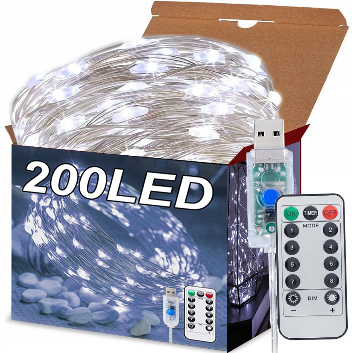 Lampki LED USB 20m 200 LED z pilotem ciepłe światło do dekoracji ...