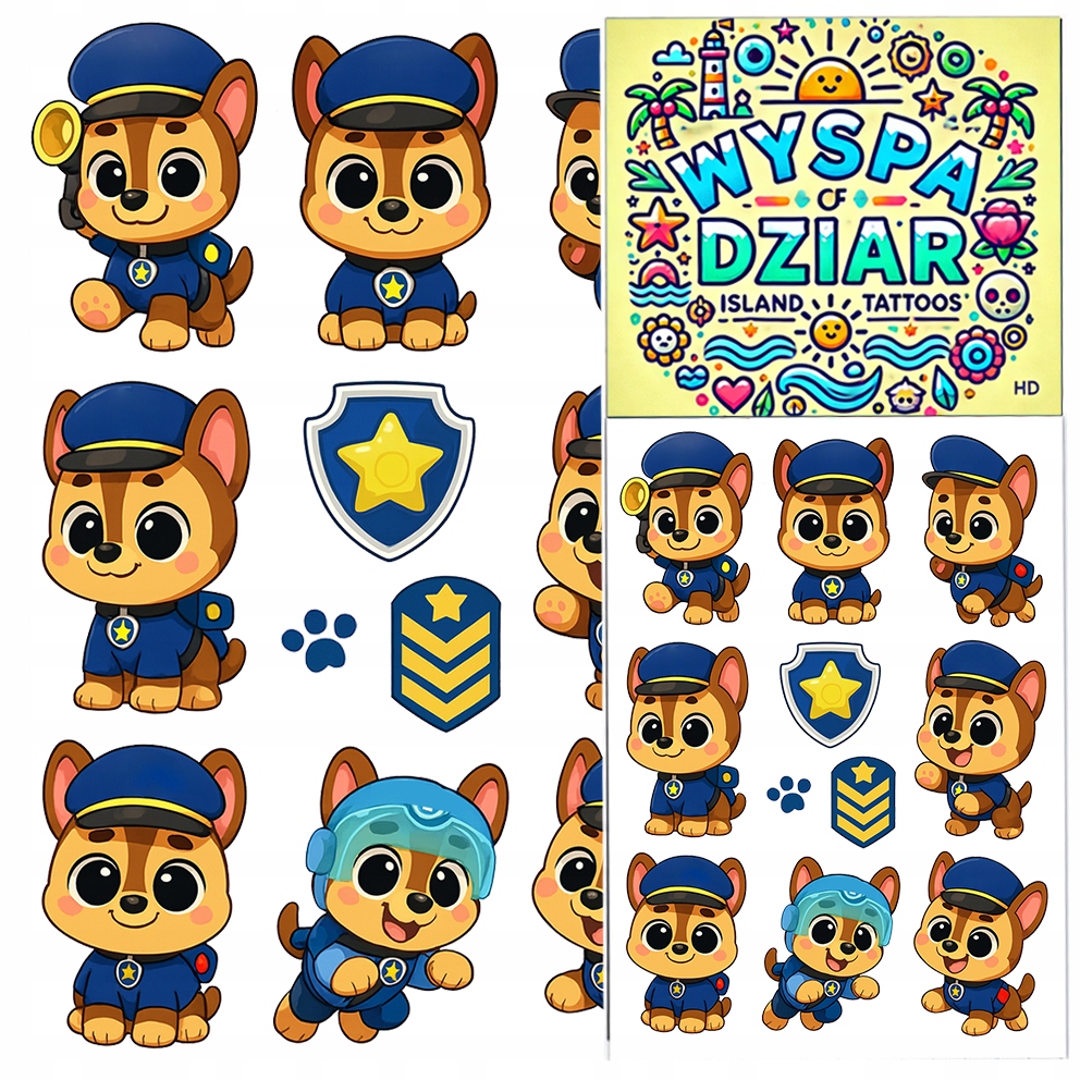 LEMOSHATÓ TETOVÁLÁS GYEREKEKNEK KUTYA KUTYUS RENDŐR PÁVA AJÁNDÉK za 725.00HUF-ért - Allegro