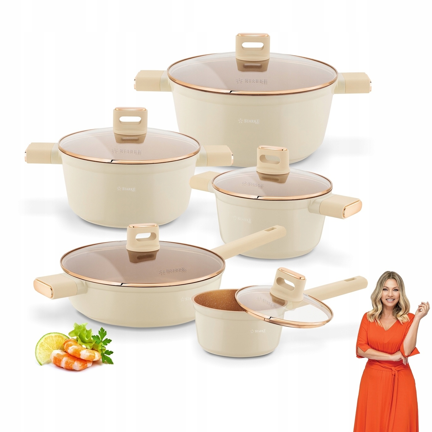 Zestaw 3x GARNEK Indukcja POKRYWKA PATELNIA Starke Pro Starlet Beige 10 ...