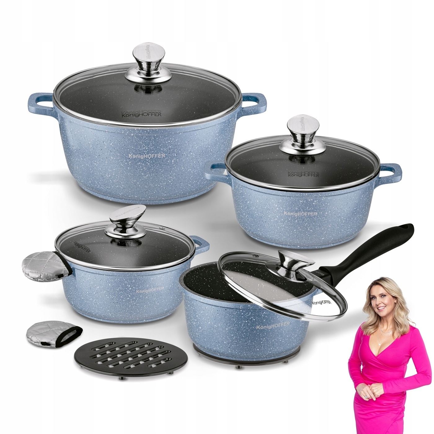 Zestaw GARNKÓW RONDEL Pokrywka INDUKCJA Konighoffer Pollo Blue 16/20/24 ...