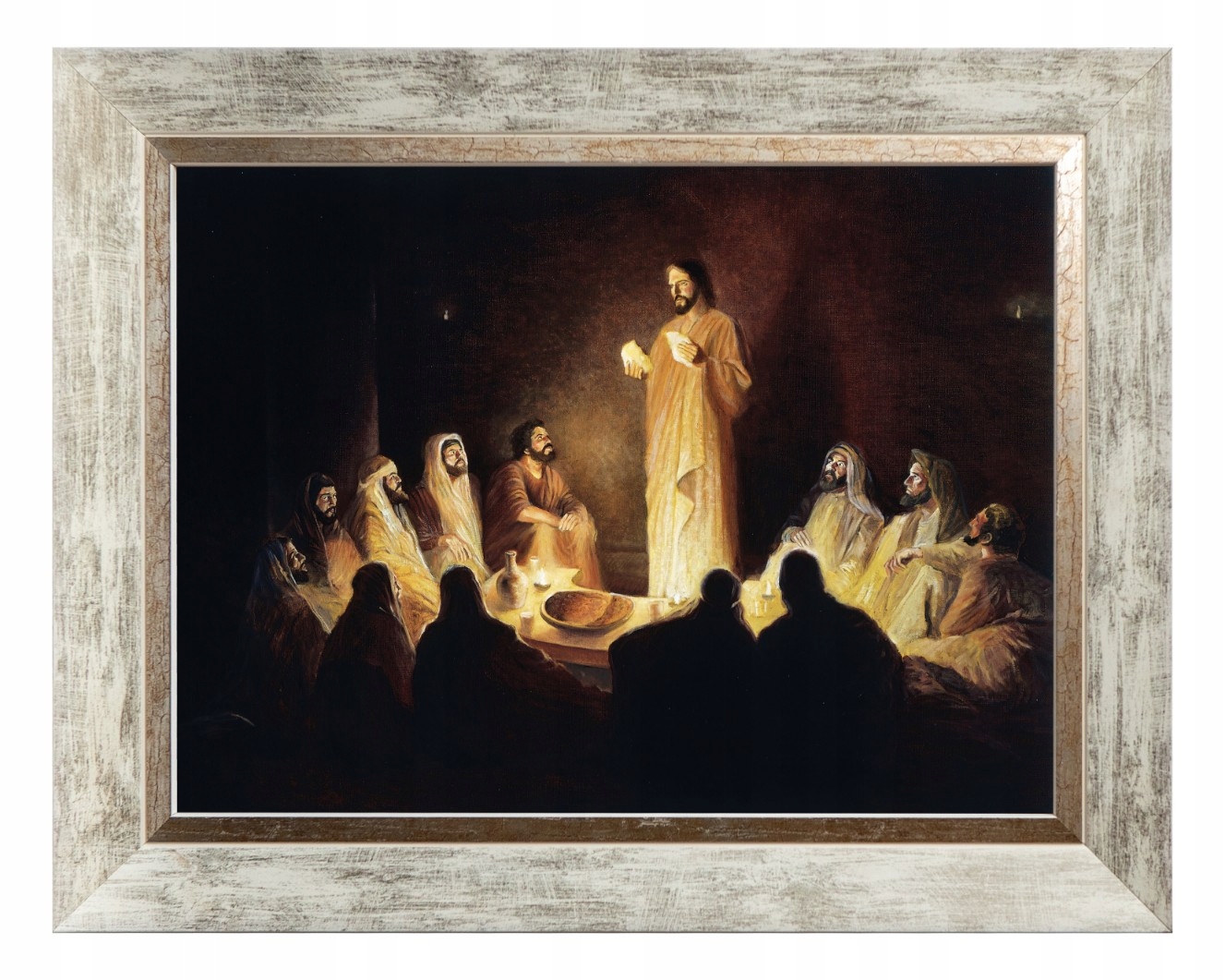 JEŽÍŠ S APOŠTOLY, SAKRÁLNÍ OBRAZ NA PLÁTNĚ V BÍLÉM ZDOBENÉM RÁMU 30X40 ...