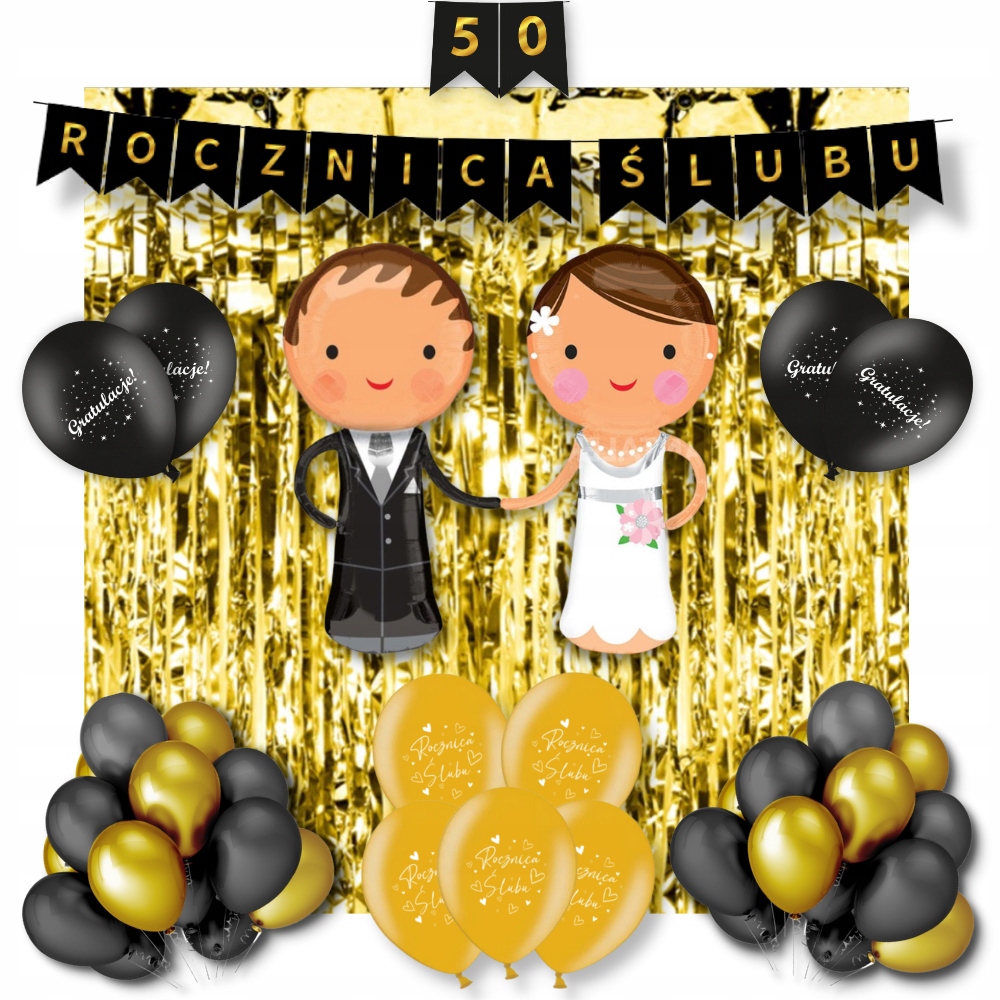 50 Rocznica Ślubu Balony Dekoracje Zestaw Złoty • Cena, Opinie • Balony ...