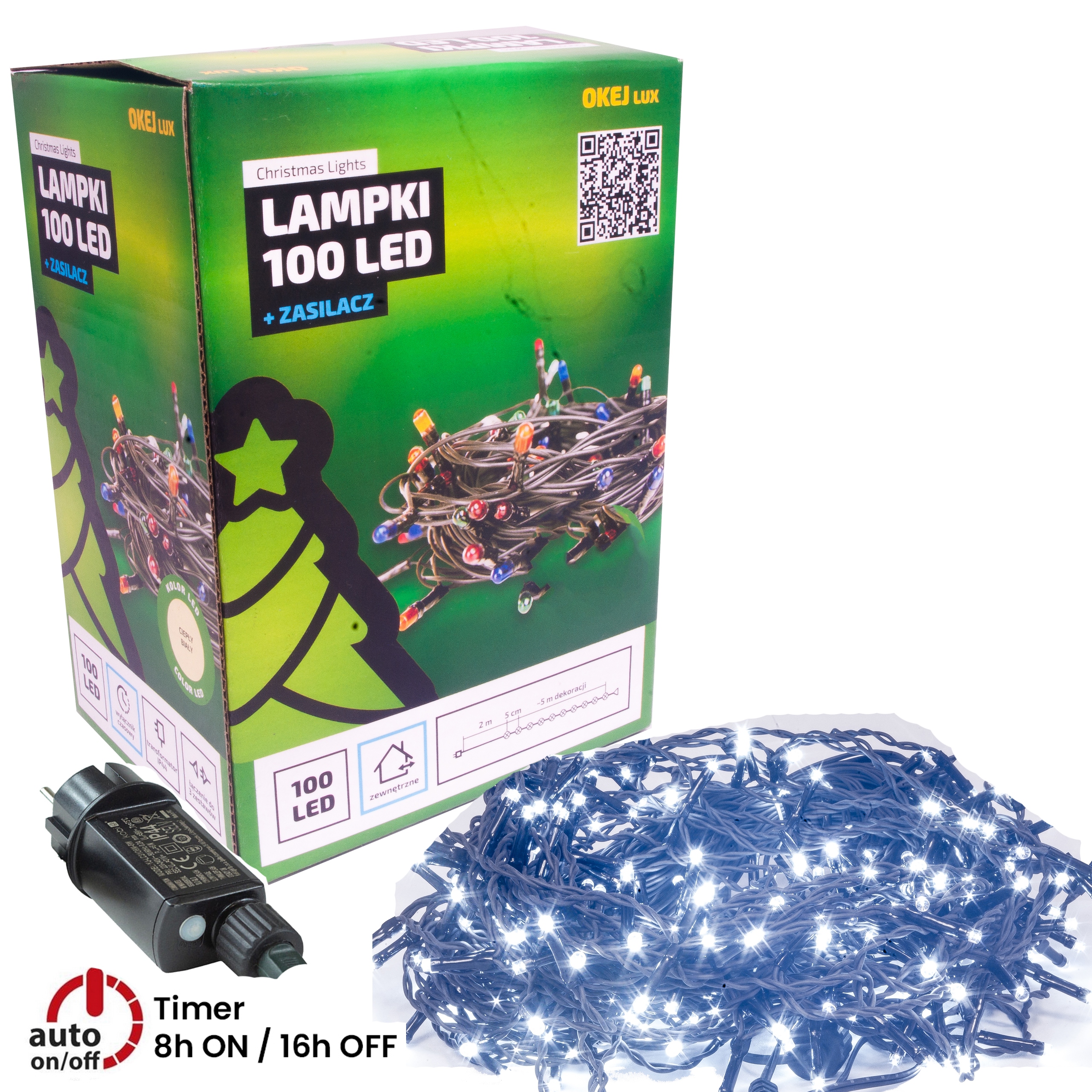 GĘSTE LAMPKI CHOINKOWE ŚWIATEŁKA WEWNĘTRZNE 100 LED 5M ZIMNE BIAŁE ...