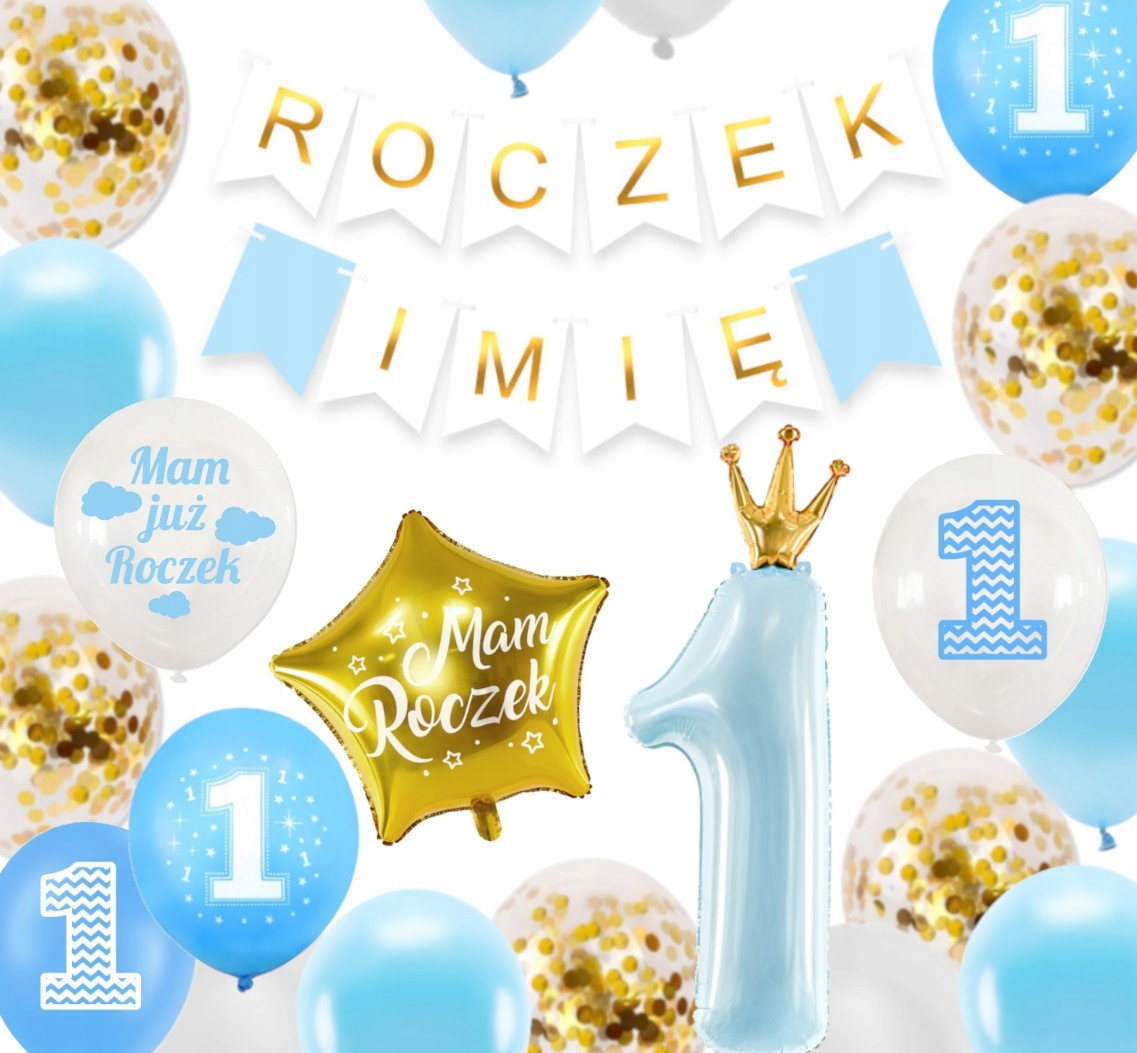 Zestaw balonów 22 szt. niebiesko-złoty z konfetti na 1 urodziny • Cena ...