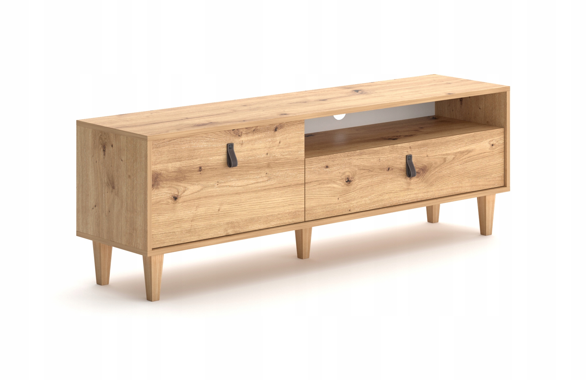 STOLIK RTV dąb ARTISAN Szeroka 150 cm Drewniane Nogi Uchwyty EKO-SKÓRA ...