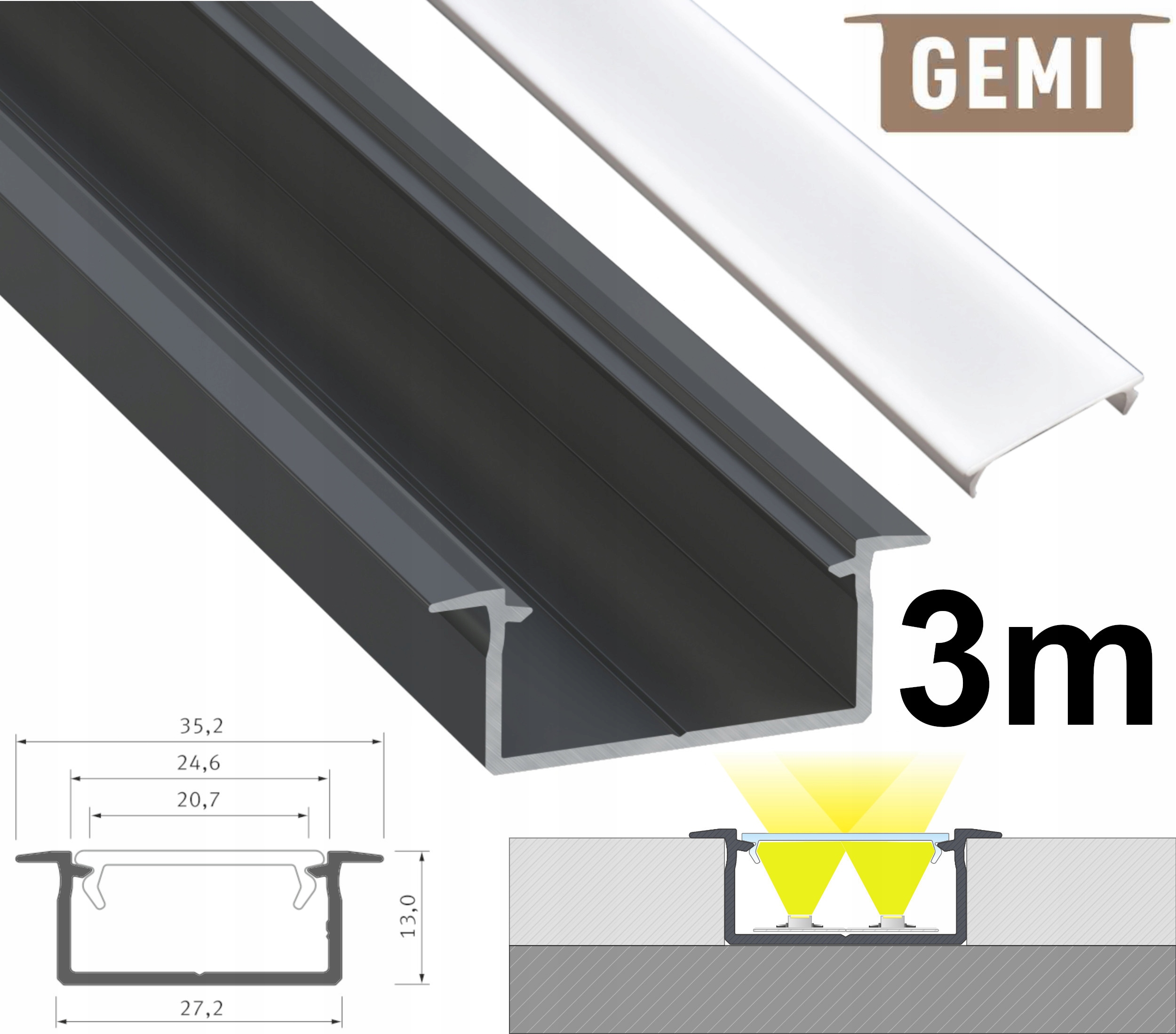 PROFIL DO TAŚM LED SZEROKI NA 2 TAŚMY LED GEMI WPUSZCZANY CZARNY 3M ...
