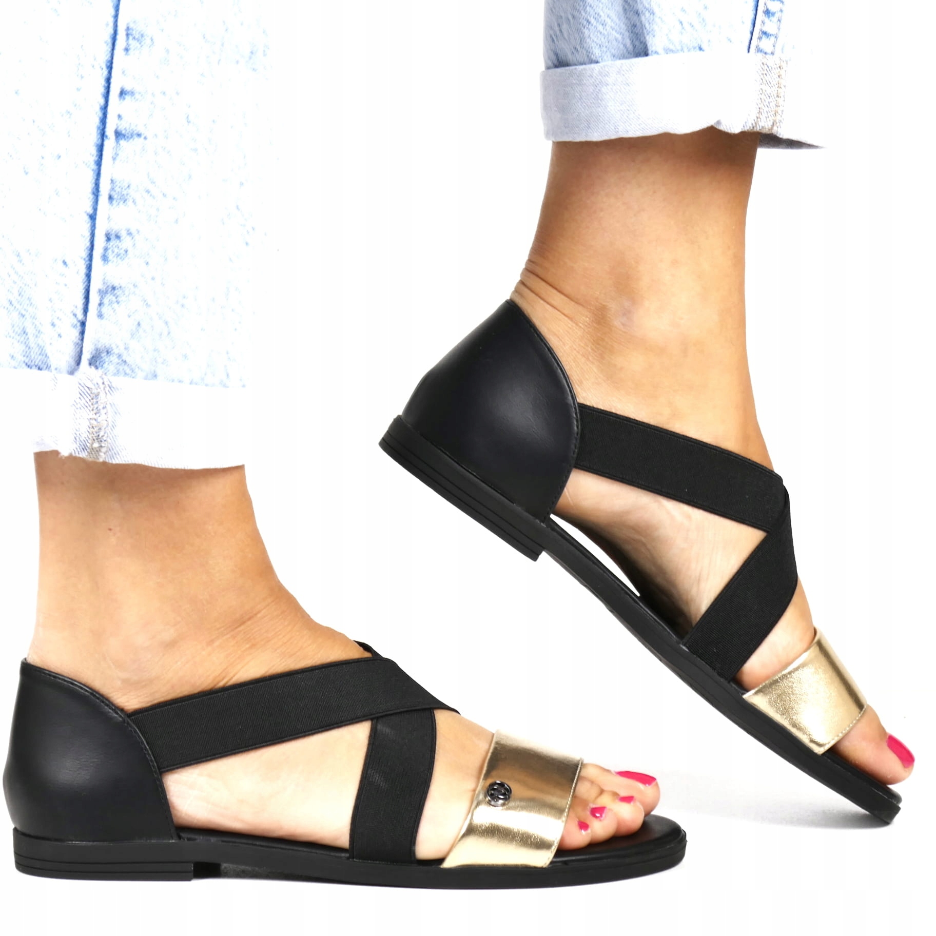 DAMSKIE SANDAŁY PŁASKIE Z GUMKAMI CZARNE ZŁOTE ELASTYCZNE PRZYLEGAJĄCE NEW • Cena, Opinie ...