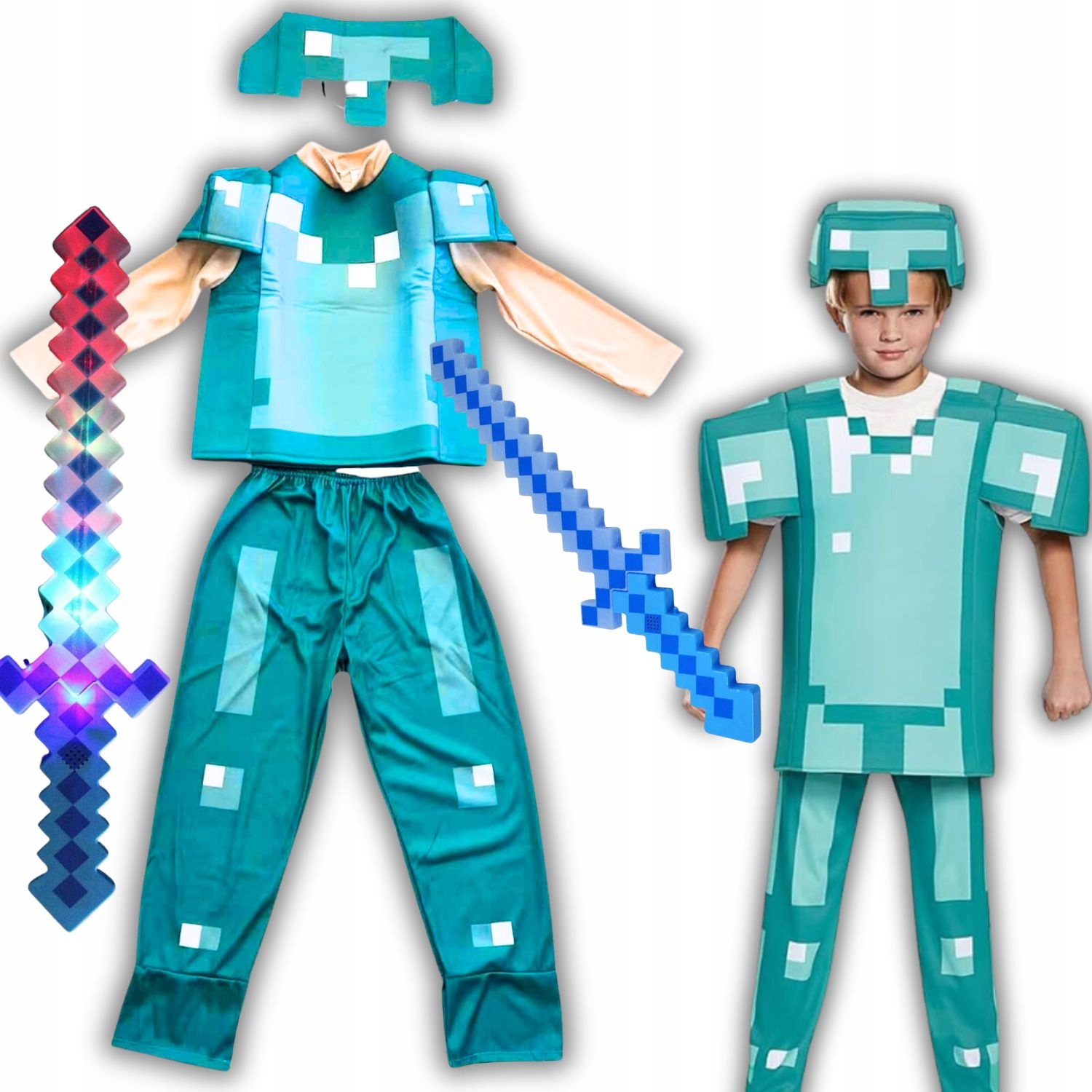 MINECRAFT STRÓJ CREEPER DIAMENTOWA ZBROJA KOSTIUM + MIECZ LED MASKA 110 ...