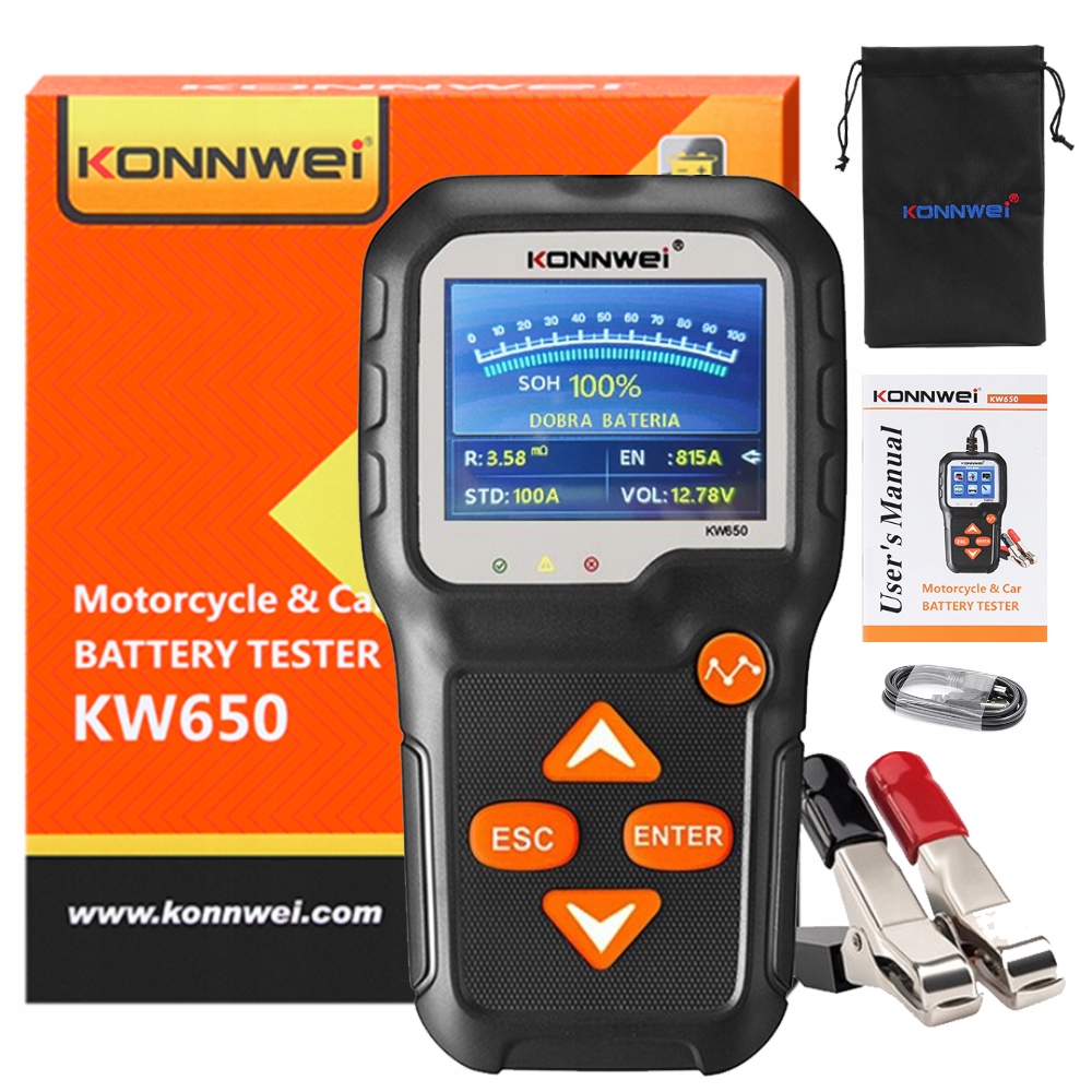 Tester Akumulatorów Konnwei KW650 LCD Miernik Cyfrowy 6V 12V Polskie ...