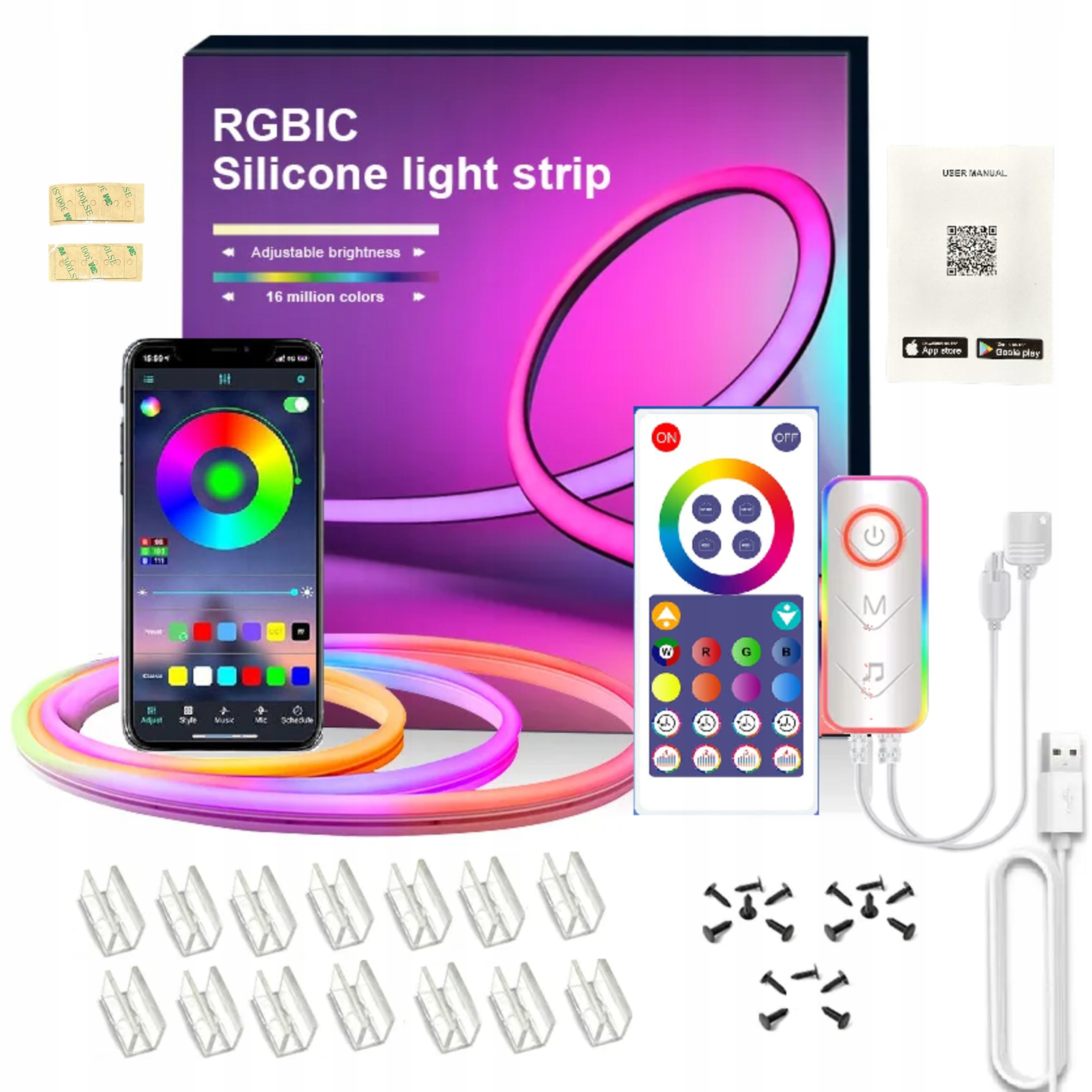 Taśma LED 3m Neon RGBIC Efekt Tęczy Aplikacja Bluetooth Pilot Timer USB ...