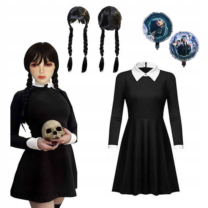 STRÓJ PRZEBRANIE WEDNESDAY ADAMS ZESTAW KOSTIUM SUKIENKA PERUKA 8-10L L (6922816128799) • Cena ...