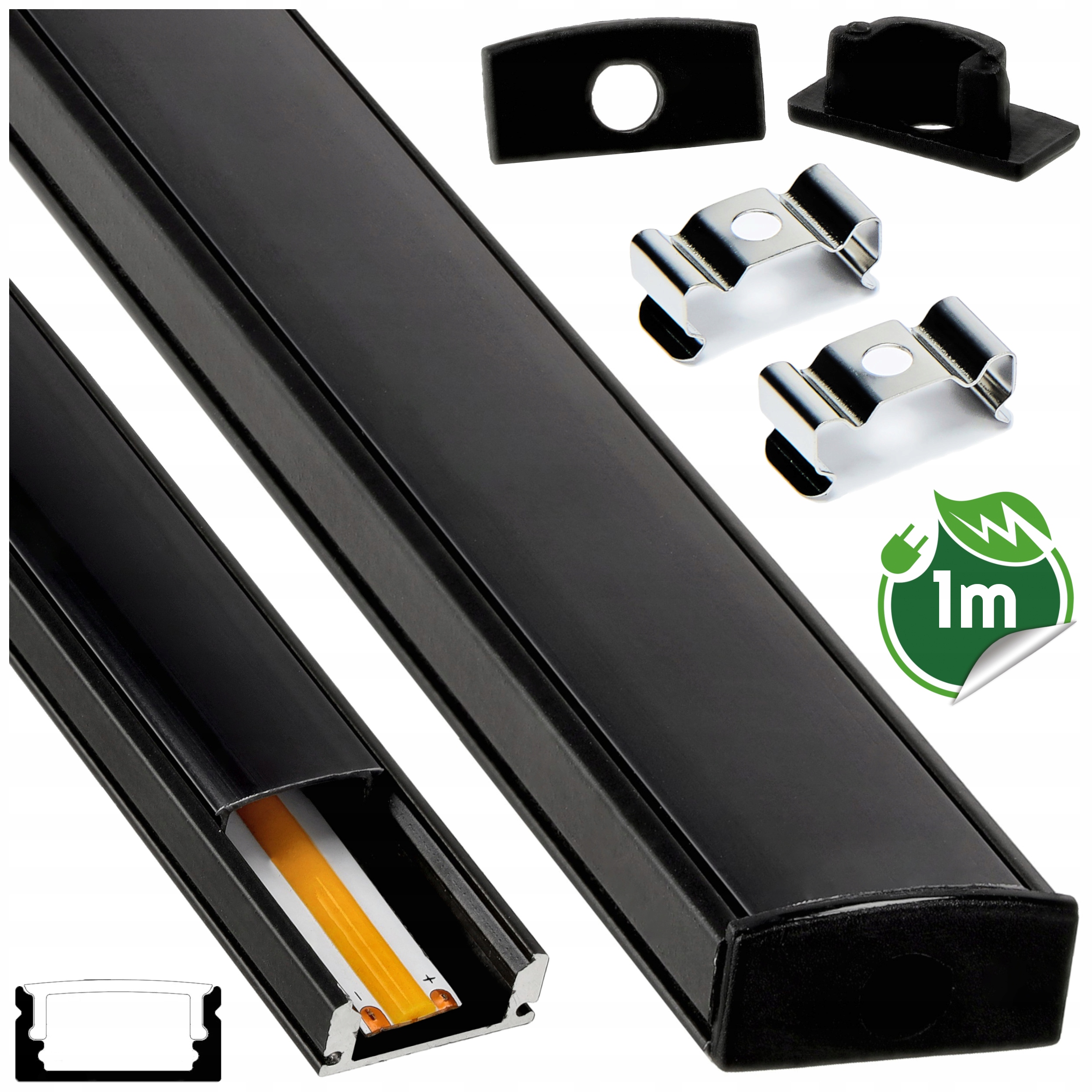 PROFIL LED Aluminiowy Czarny 1m Wpuszczany / Natynkowy ZESTAW ...