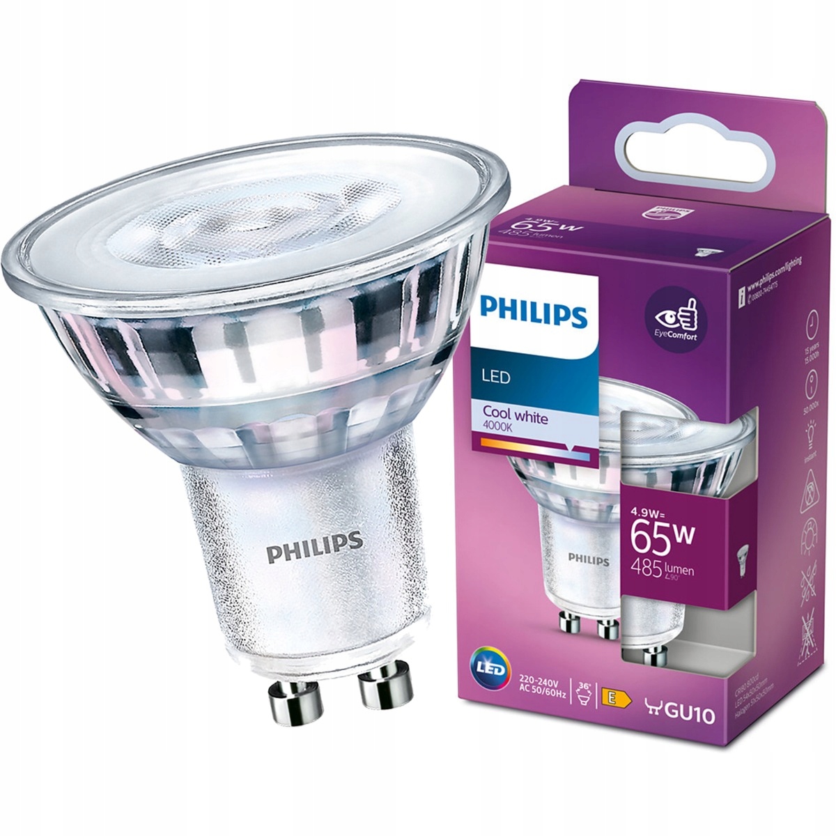 Żarówka LED GU10 4,9W = 65W 485lm 4000K Neutralna 36° Reflektor PHILIPS ...