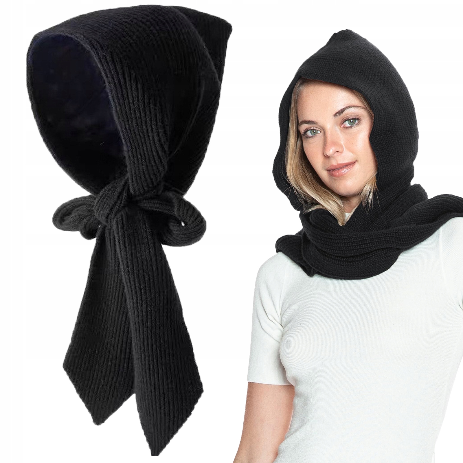 ŠÁLA KAPUCE ŠÁLA 2V1 DÁMSKÁ ČERNÁ SE ZAVAZOVÁNÍM NA PODZIM za 332.00CZK - Allegro