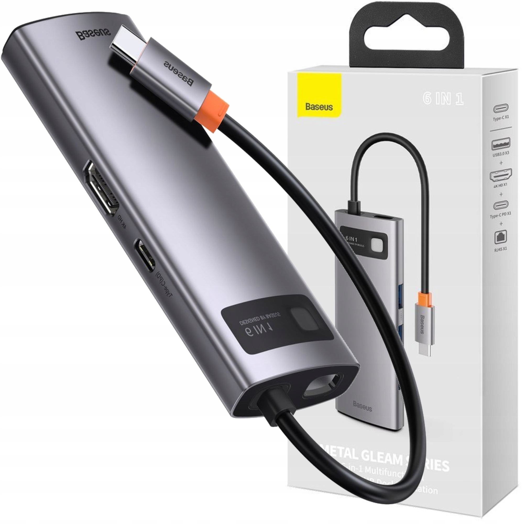 Baseus Hub Rozbočovač 6v1 USB-C na USB 3.0 RJ45 1GB/s HDMI USB-C PD 100W za 867.00CZK - Allegro