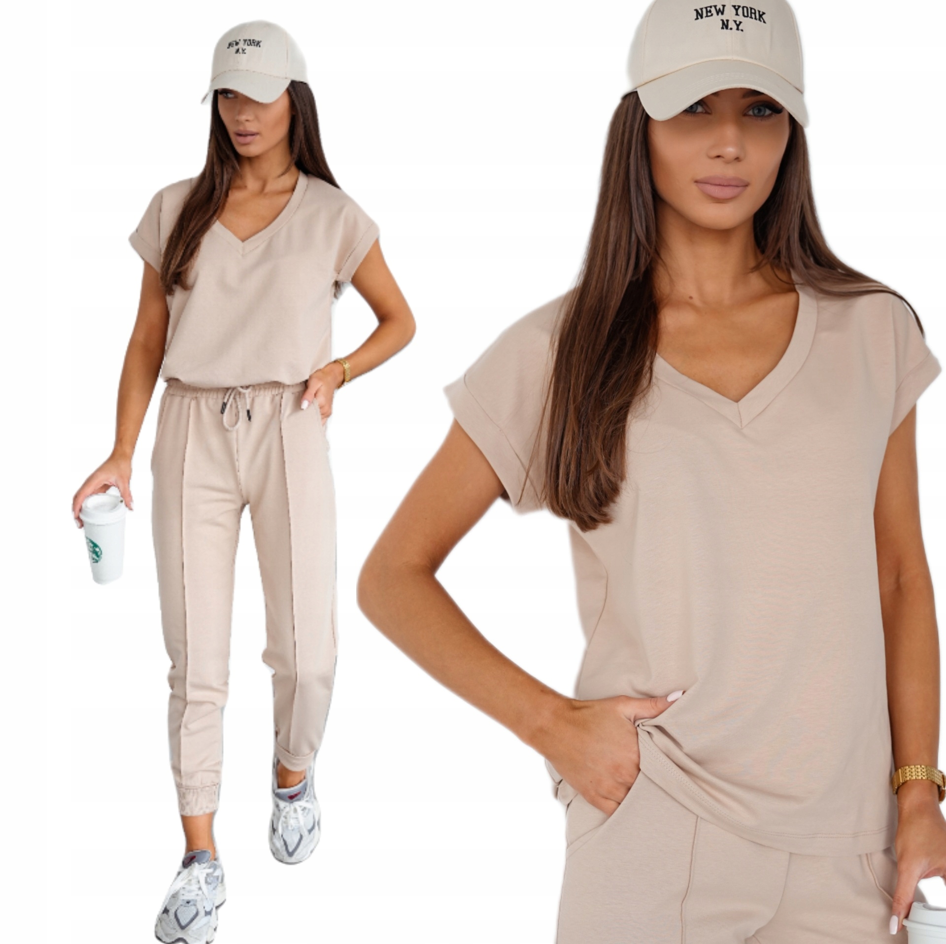 KOMPLET DRESOWY DAMSKI LETNI CIENKI KRÓTKI RĘKAW PL PROD PREMIUM BEŻ L ...