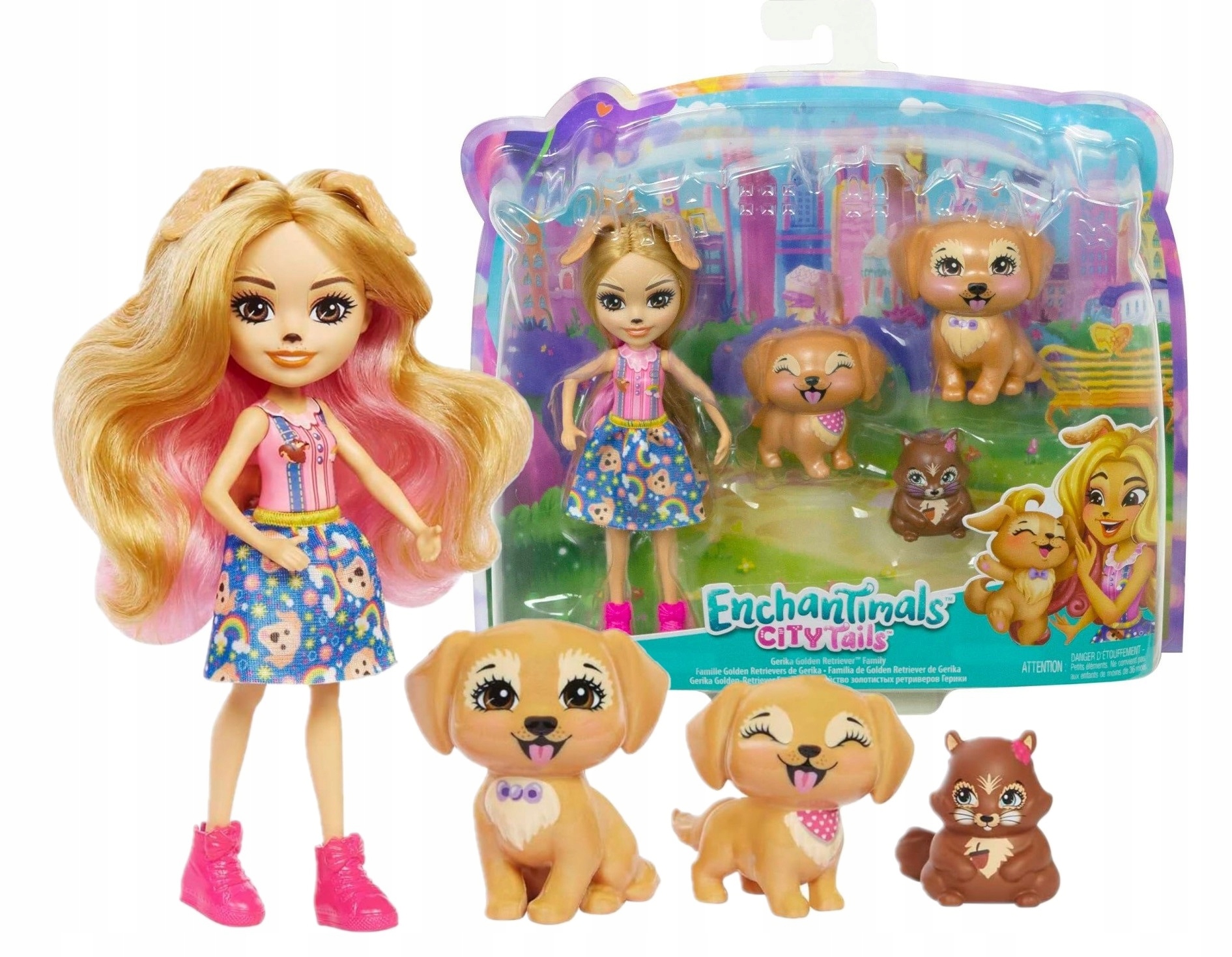 ENCHANTIMALS CITY TAILS zestaw RODZINA PIESKÓW GOLDEN RETRIEVER lalka ...