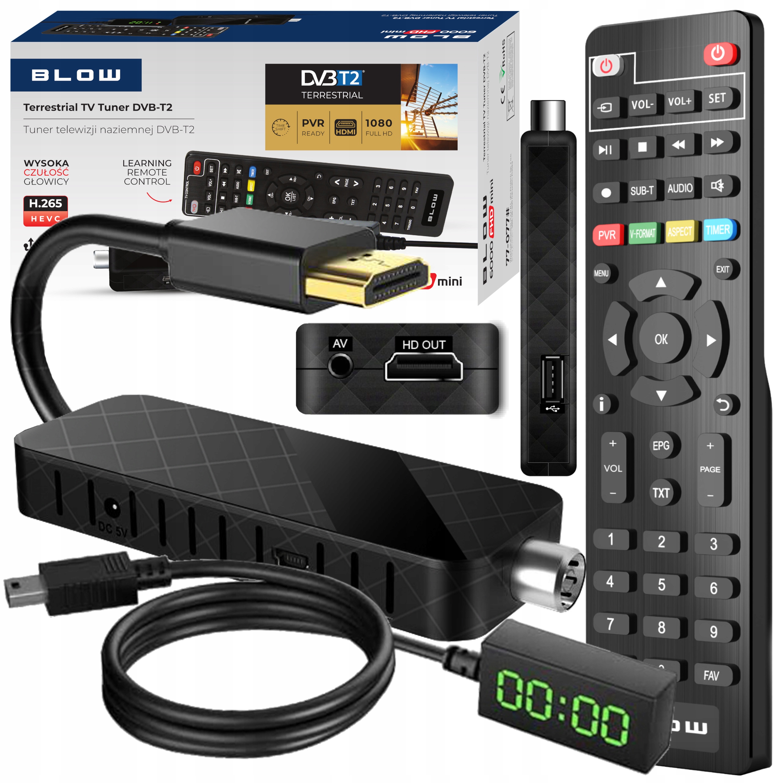 DEKODER TUNER TV DVB-T2 HEVC H.265 FULL HD MINI STICK PILOT ZESTAW HDMI ...