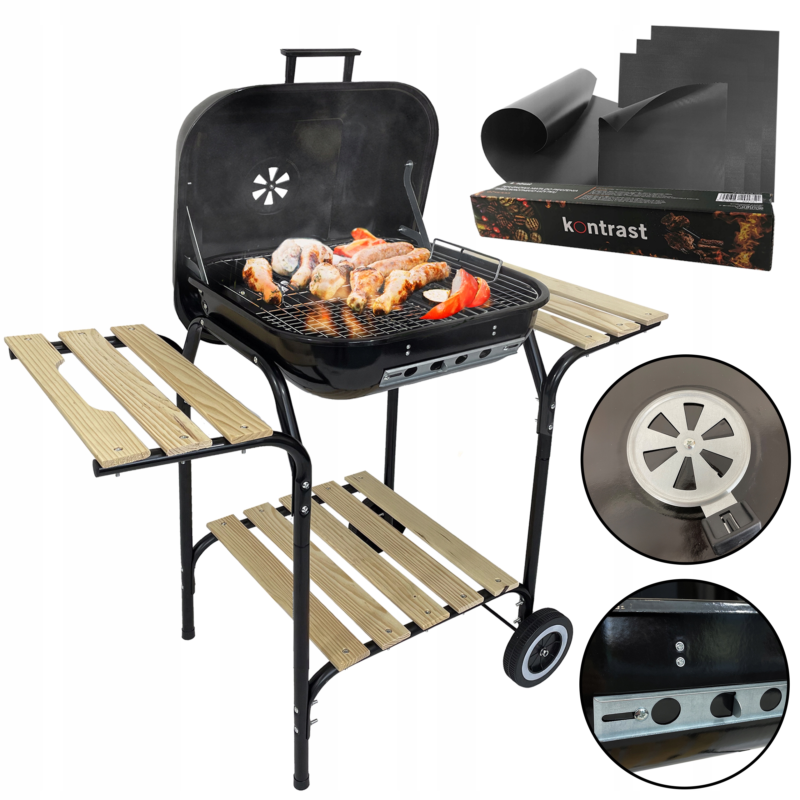 GRILL OGRODOWY WĘGLOWY PRZENOŚNY Z 3 PÓŁKAMI POKRYWA + GRATIS BBQ 1013 ...