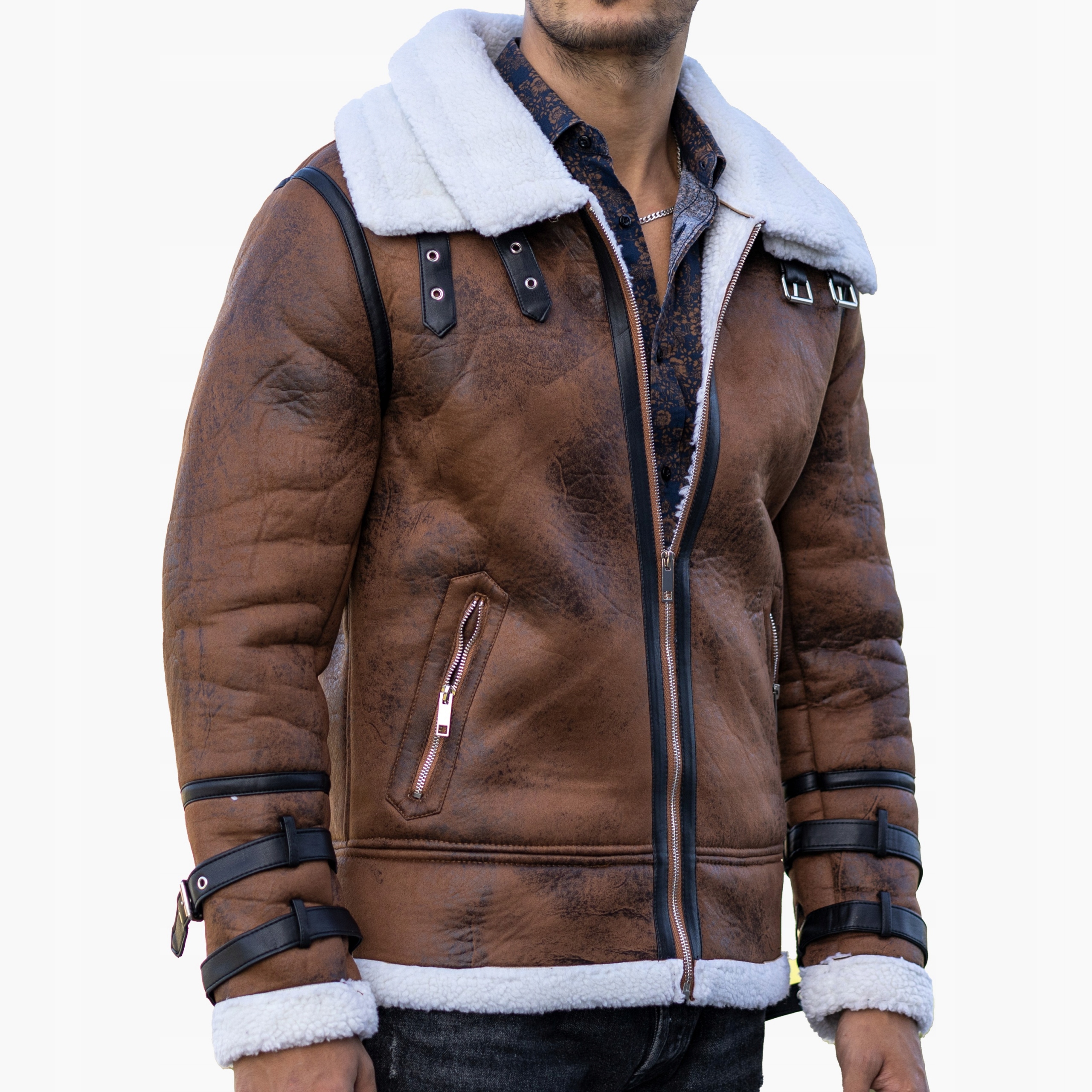 Kożuch Męski Pilotka Brązowa Ciemna Ocieplana Kurtka na Jesień Modna S ...