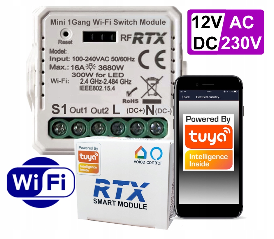 RTX Modul regulátoru beznapěťového přenosu WiFi TUYA + RF napájení 12 V ...