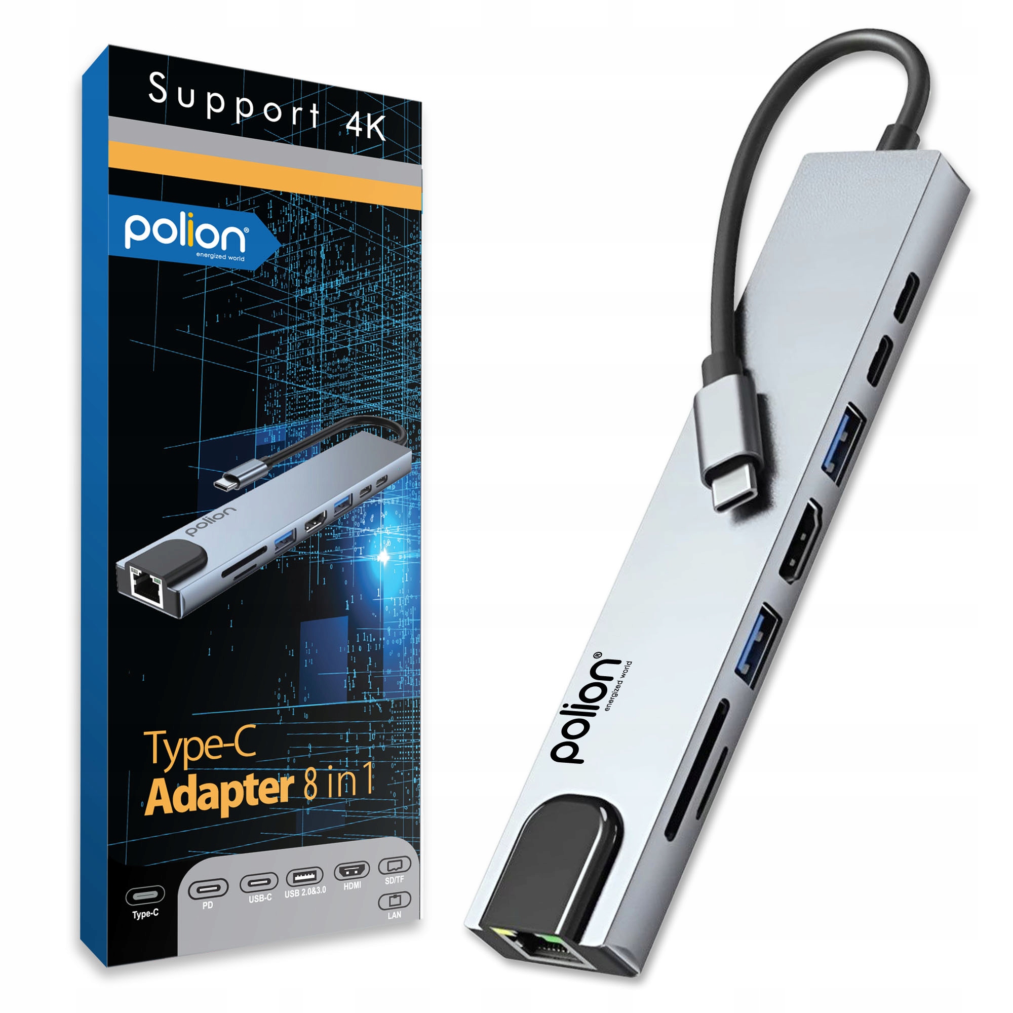 8 az 1-ben HUB adapter POLION USB-C átalakító USB 3.0 PD HDMI 4K SD LAN, (5906728468137) • Ár ...
