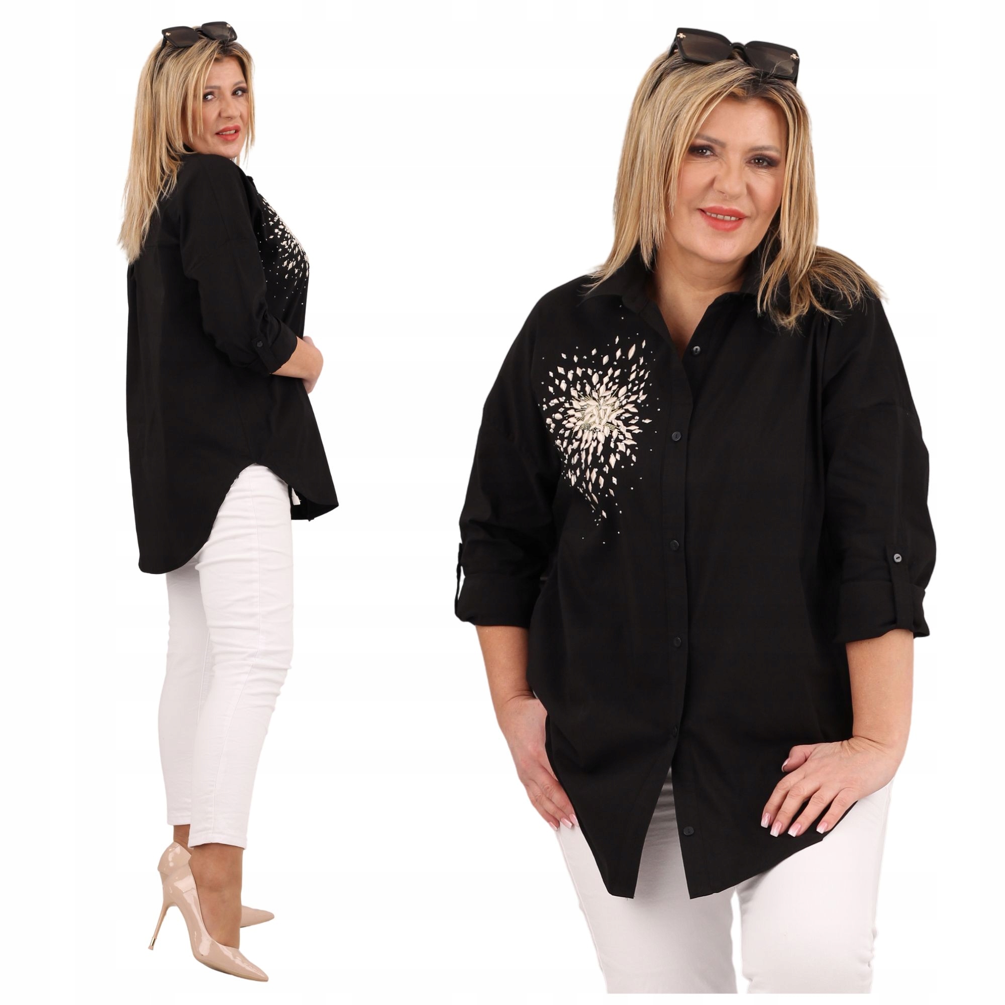 KOSZULA DAMSKA DUŻE ROZMIARY ELEGANCKA DŁUGA OVERSIZE STYLOWA GŁADKA ...