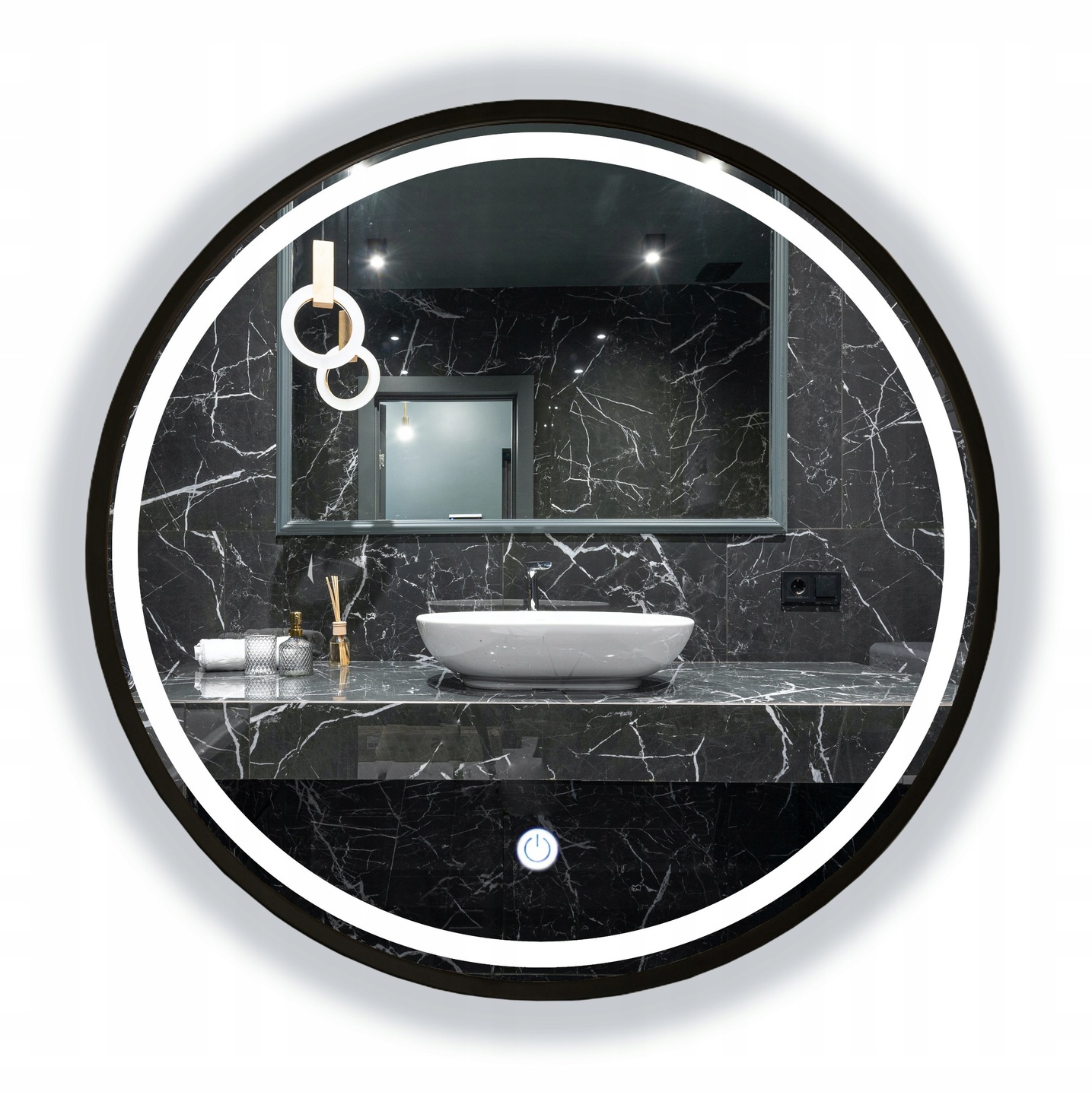 LUSTRO LED OKRĄGŁE CZARNE W RAMIE 60 CM DO ŁAZIENKI + włącznika na ...