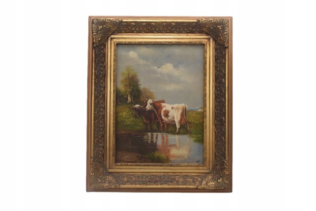 Dwie Krowy przy Wodopoju Krowa Pastwisko - Obraz Olejny - Złota Rama ...
