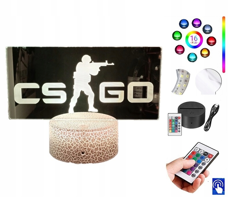 LAMPKA na SZKLE Counter Strike CS GO 3D LED RGB + PILOT 16 KOLORÓW ...
