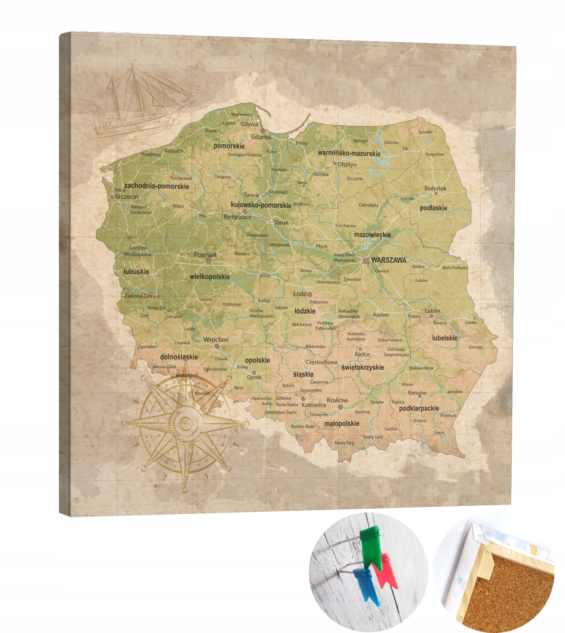 Tablica korkowa pinezki Obraz Mapa Polski 90x90cm (0781456944383 ...