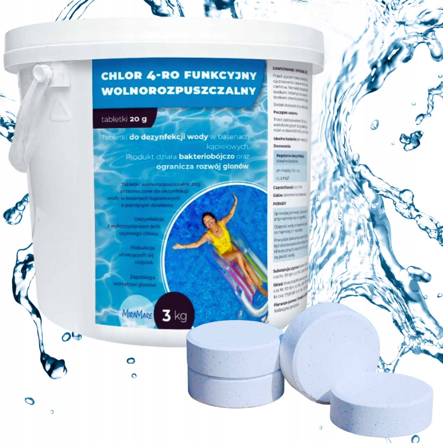 MiraMare Chlor basenowy tabletki 20g Chlor 4w1 Wolnorozpuszczalny 3kg ...