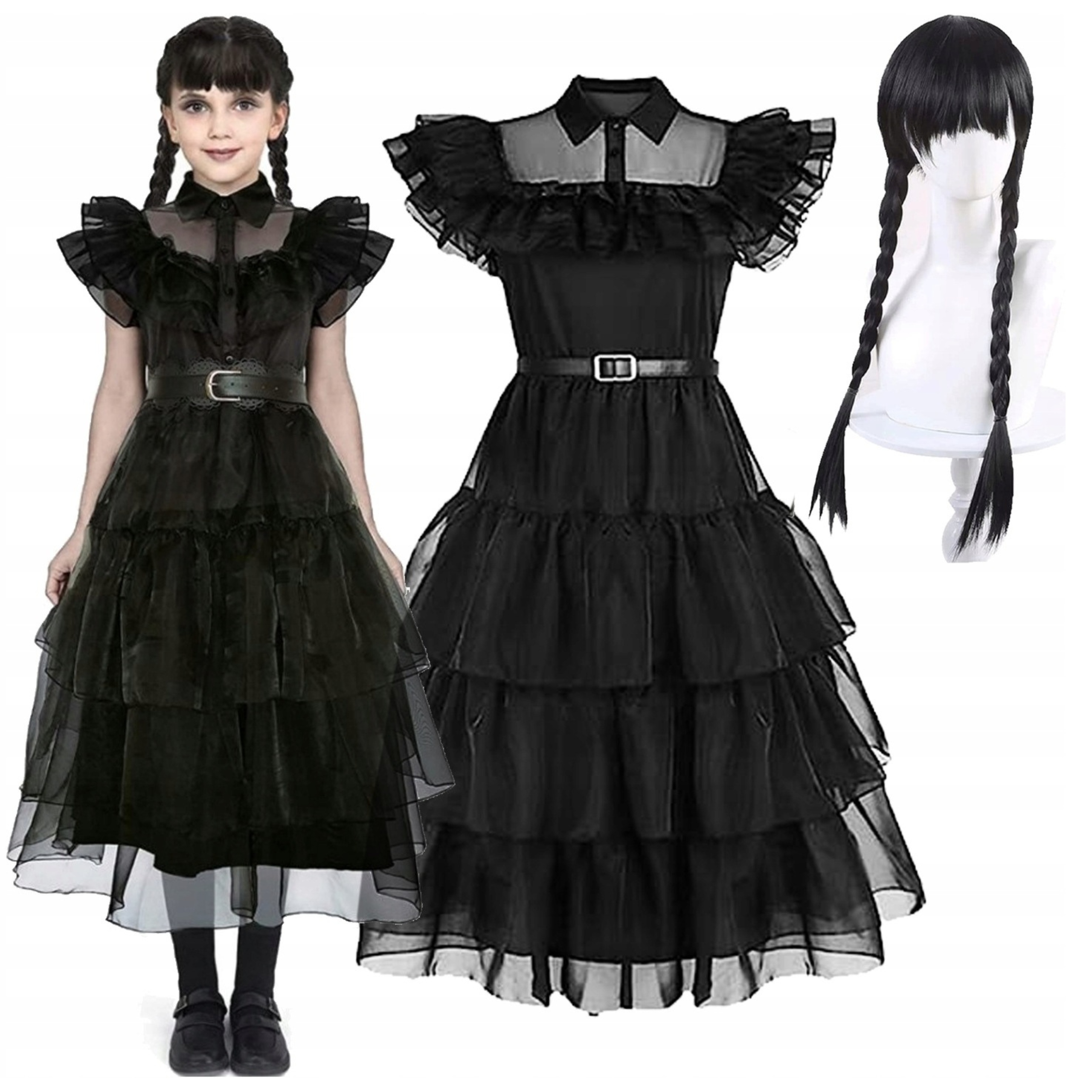 STRÓJ WEDNESDAY ADDAMS SUKIENKA + PERUKA PRZEBRANIE TIULOWE KOSTIUM r. 110 (5907068861640 ...