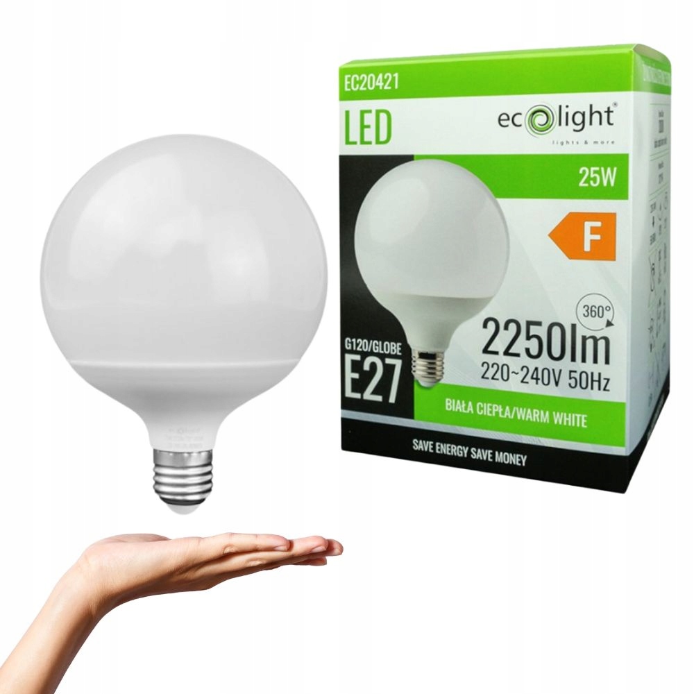 Żarówka LED G120 E27 25W 3000K ciepła biel 2250lm GLOBE duża kolista ...