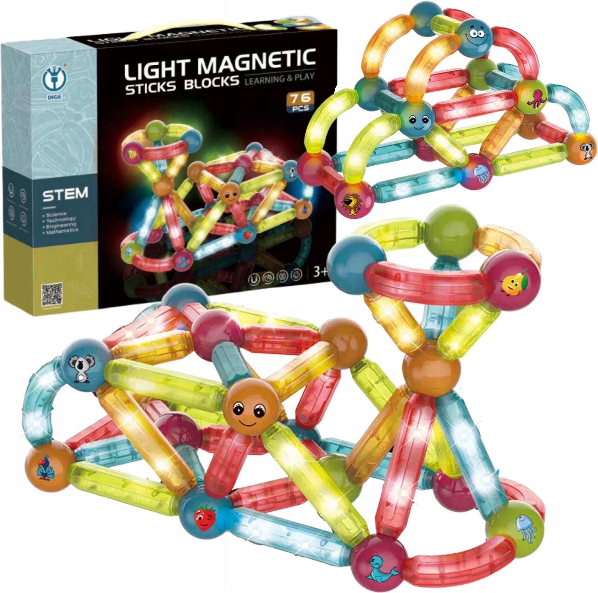 KLOCKI MAGNETYCZNE MAGNETIC KONSTRUKCYJNE PREZENT ŚWIECĄCE 76 ELEMENTÓW ...