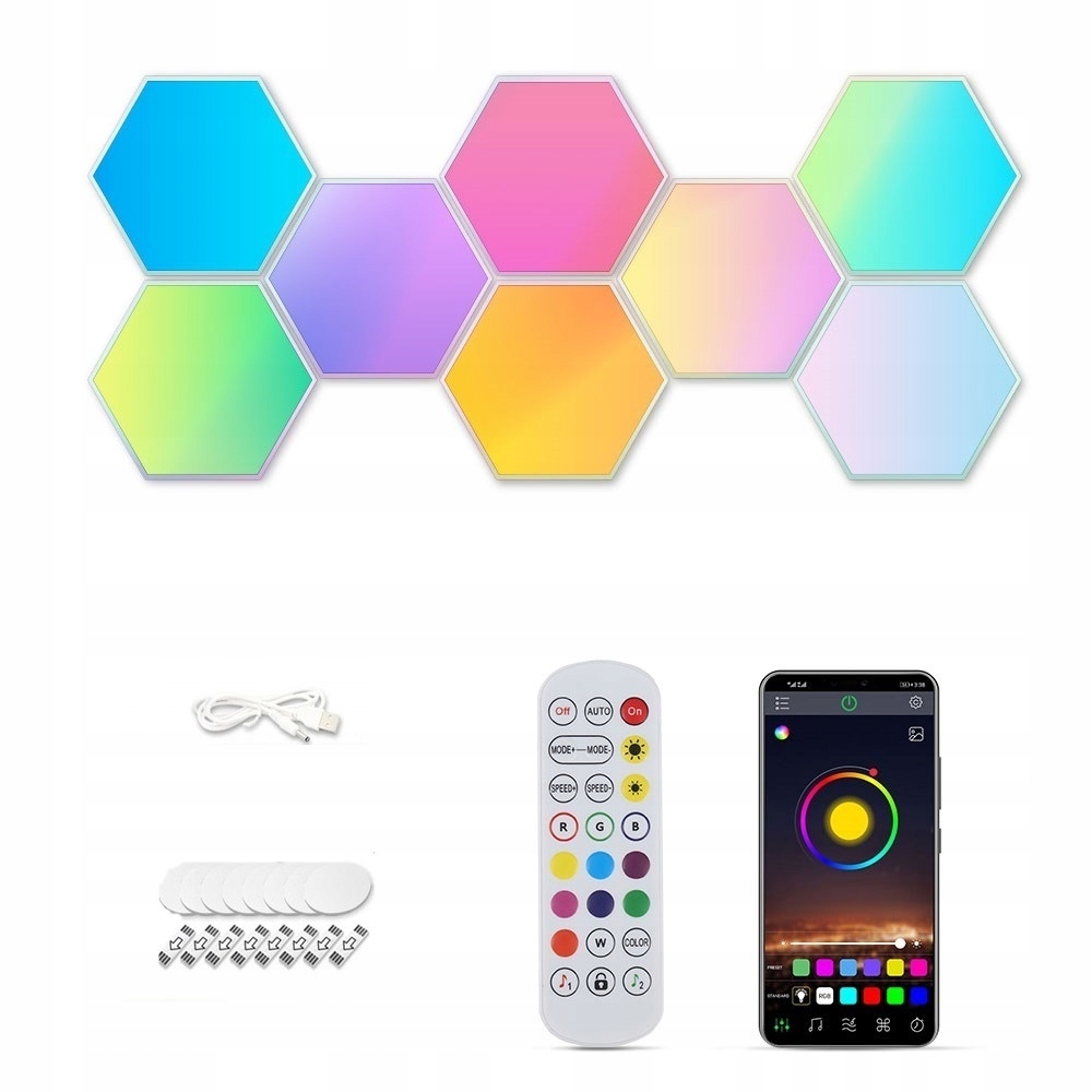 Lampa Hexagon x8 plaster miodu RGB USB PILOT APLIKACJA ZESTAW ...