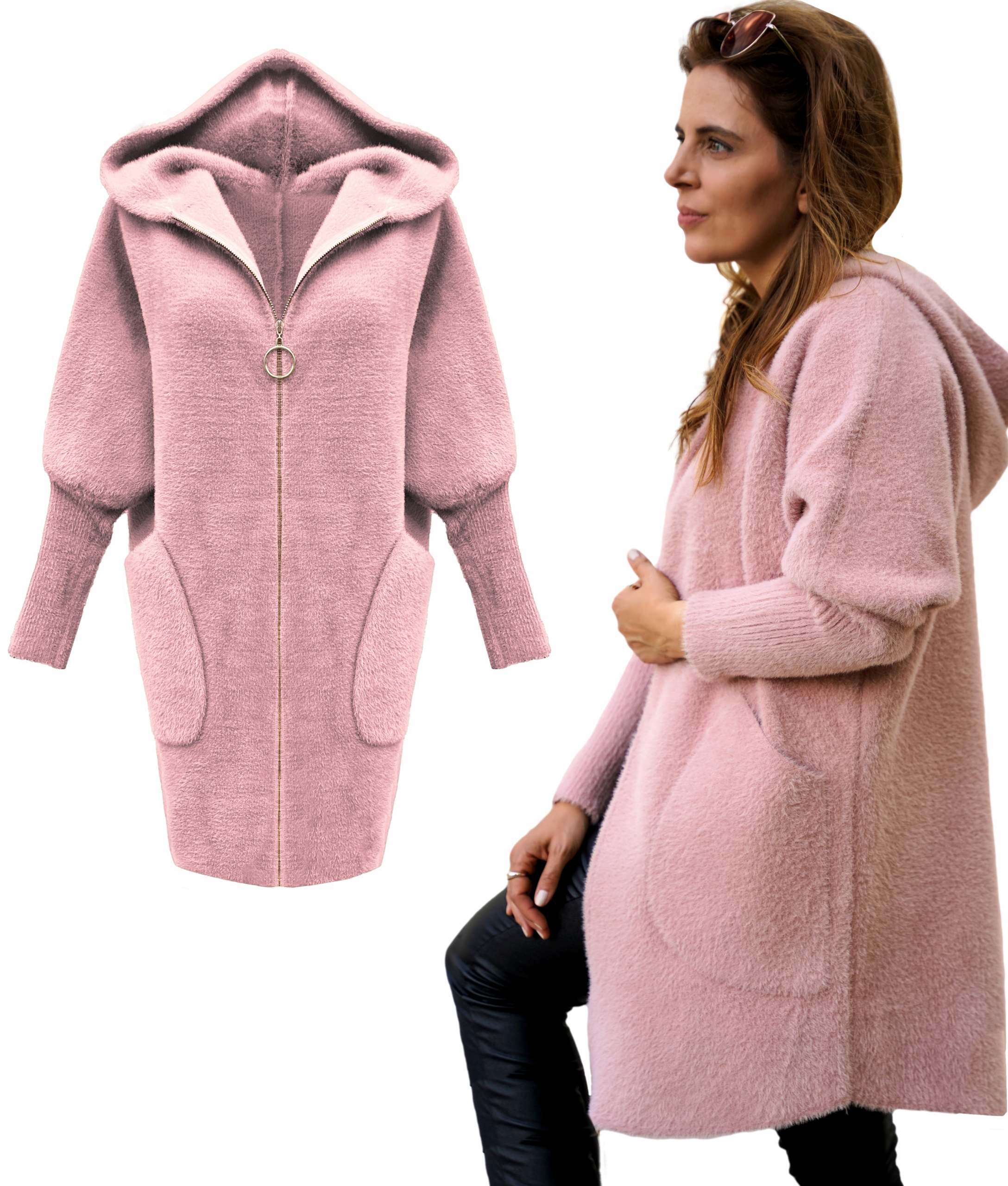 Sweter rozpinany damski WEŁNA ALPAKI blady róż Cardigan BRASCA • Cena ...