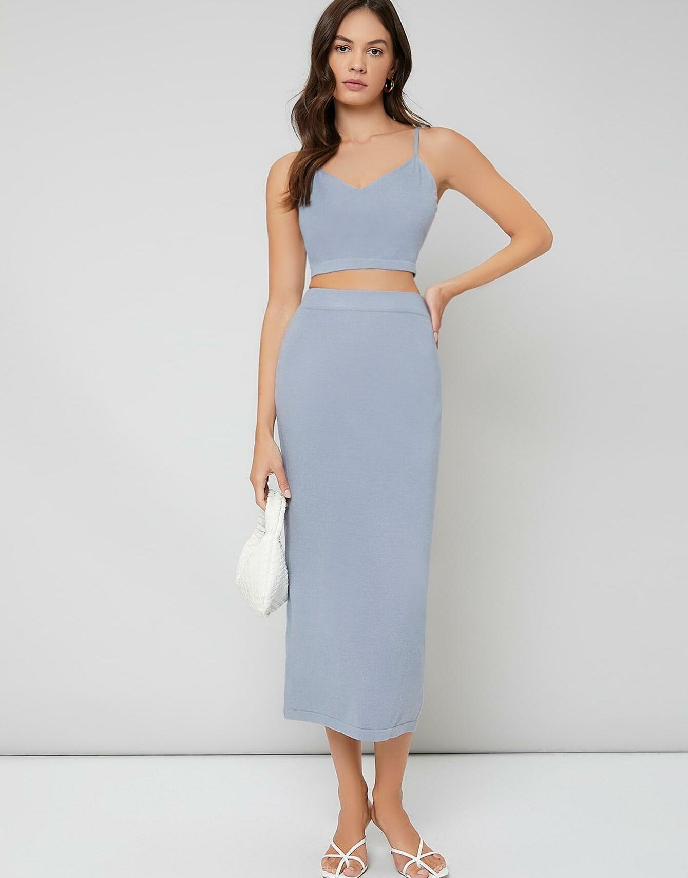 ŠPINAVO MODRÝ KOMPLET, PLETENÝ TOP A MIDAXI SUKŇA SHEIN 36 za 20.37EUR ...