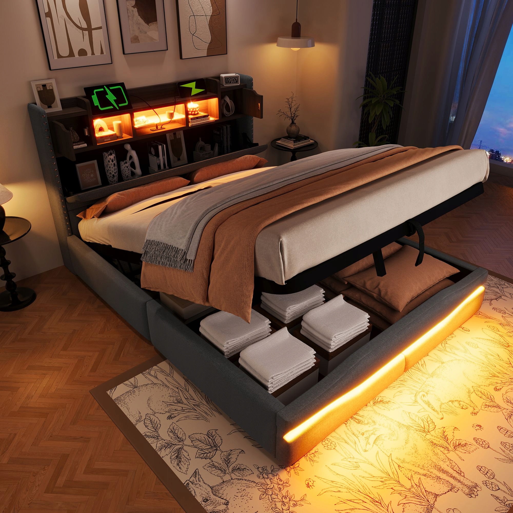 Kárpitozott ágy, 140x200 cm, hidraulikus, LED USBC dupla ágy szürke ...