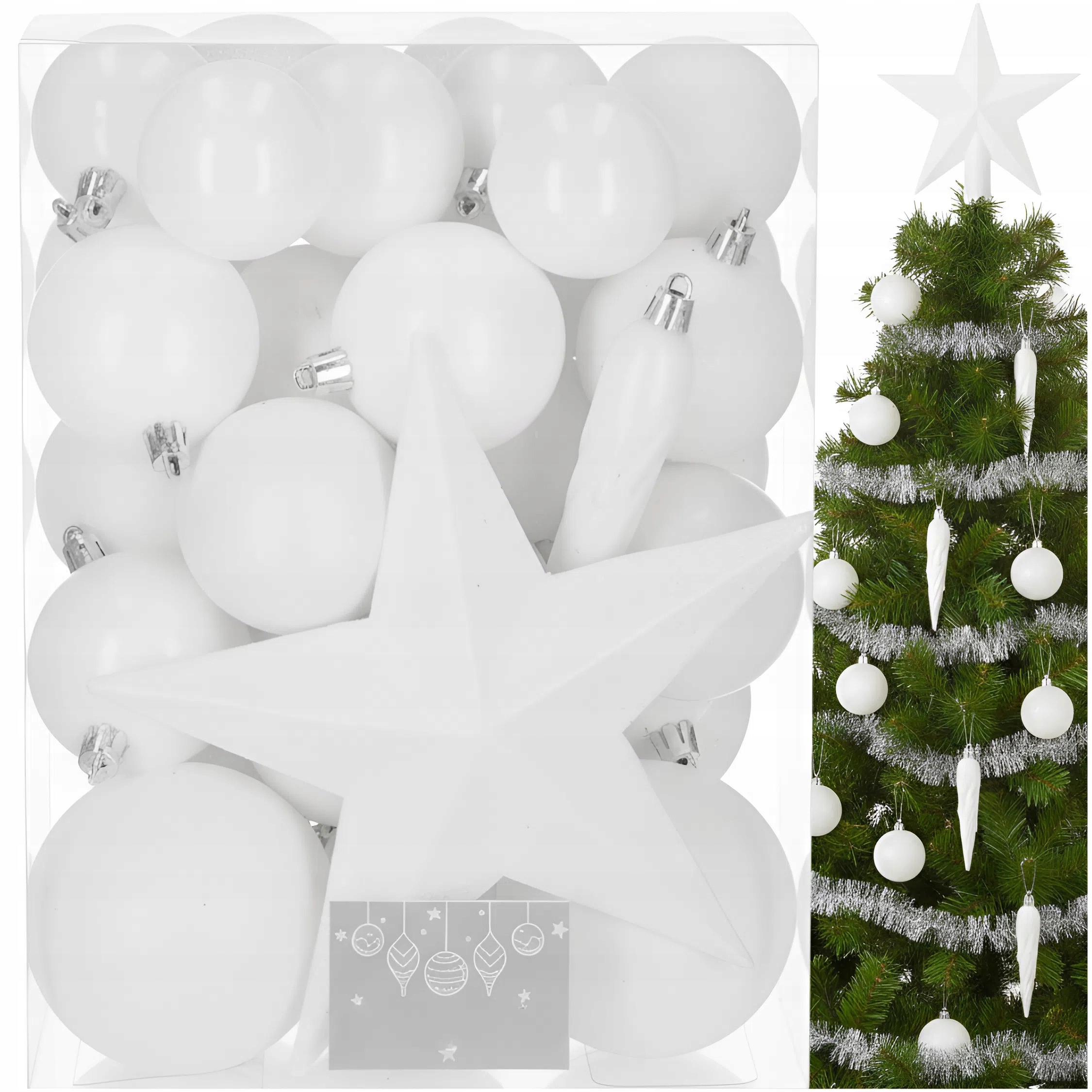 BOMBKI CHOINKOWE NA CHOINKĘ ZESTAW XXL BIAŁE 33 SZT 8/6/5 CM + GWIAZDKA ...