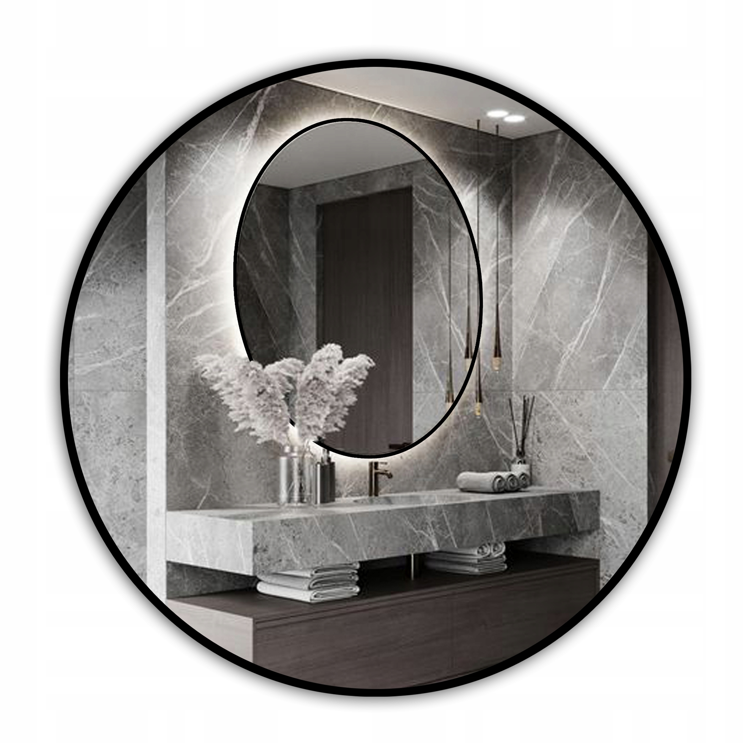 LUSTRO OKRĄGŁE 50 LED PODŚWIETLANE CZARNA SREBRNA ZŁOTA RAMA DO WYBORU ...