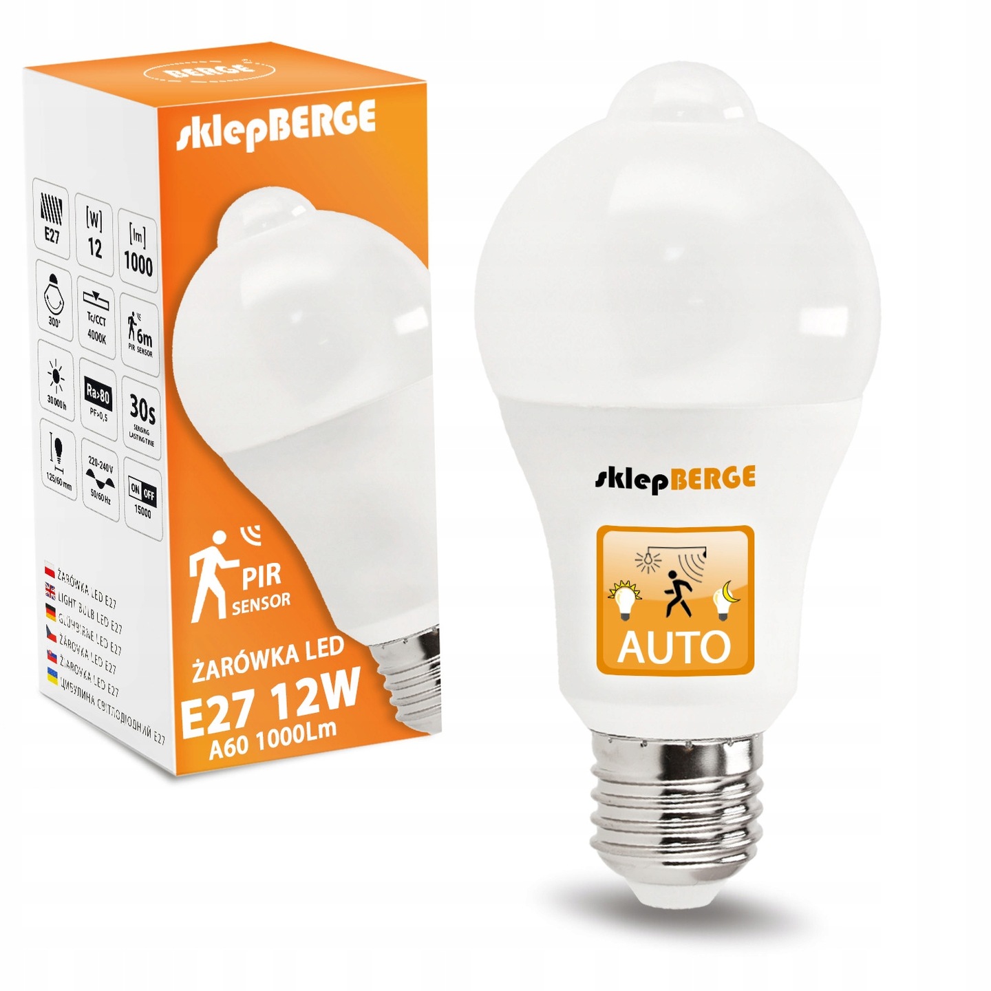 Żarówka LED E27 12W 1000lm Z Czujnikiem Ruchu I Zmierzchu Czujka PIR ...