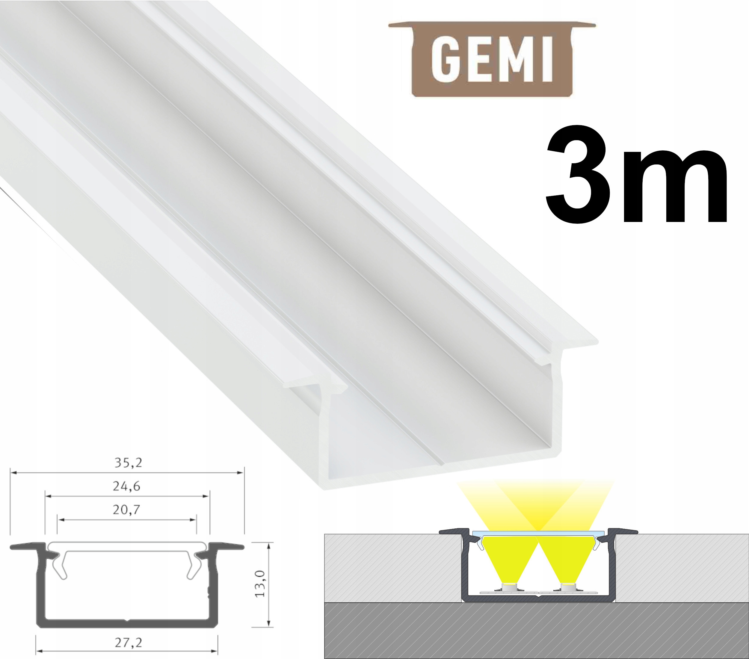 PROFIL DO TAŚM LED SZEROKI NA 2 TAŚMY LED GEMI WPUSZCZANY BIAŁY 3M ...