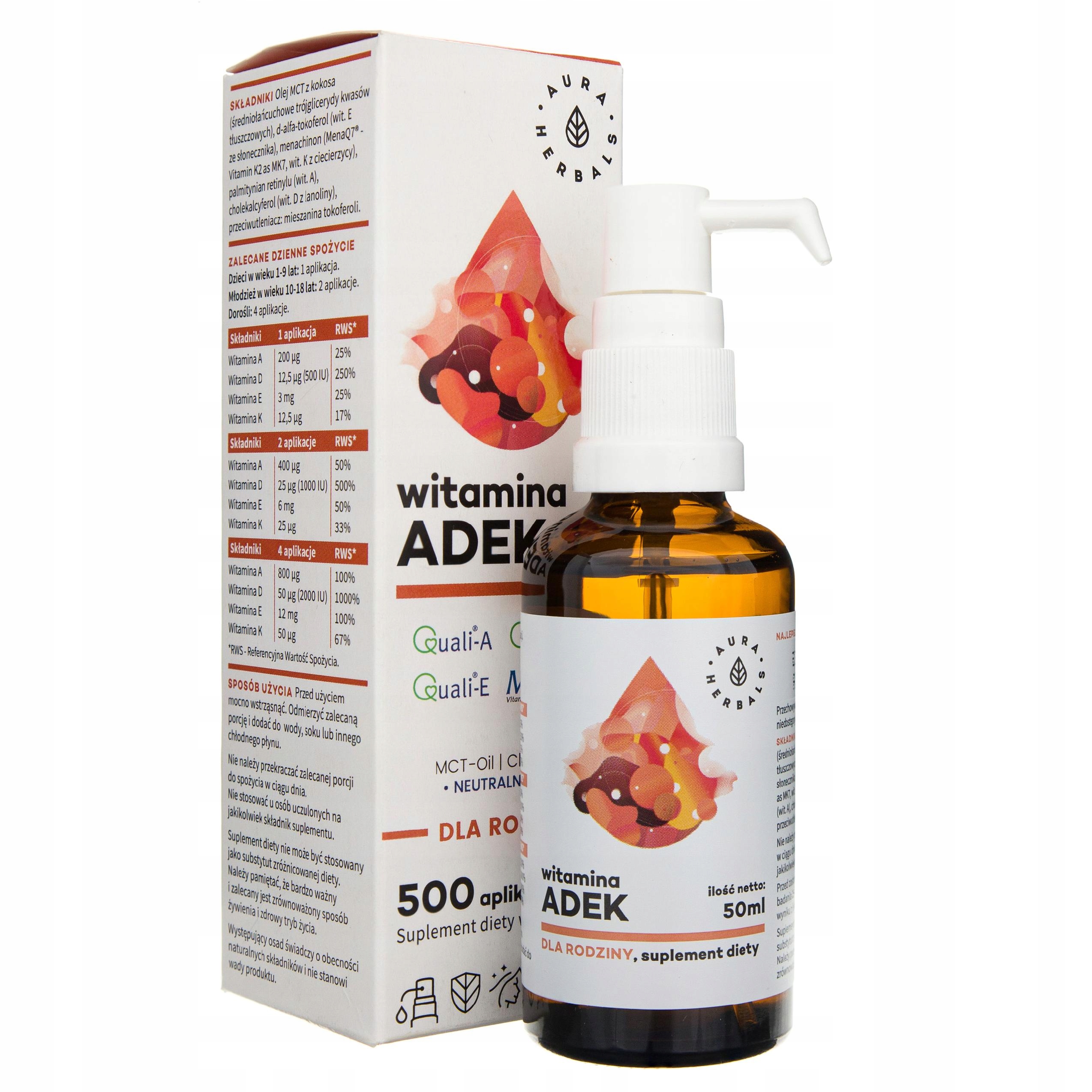 ADEK Aura Herbals Witamina A D E K2 MK-7 MCT Odporność Wzrok Krople 50 ...