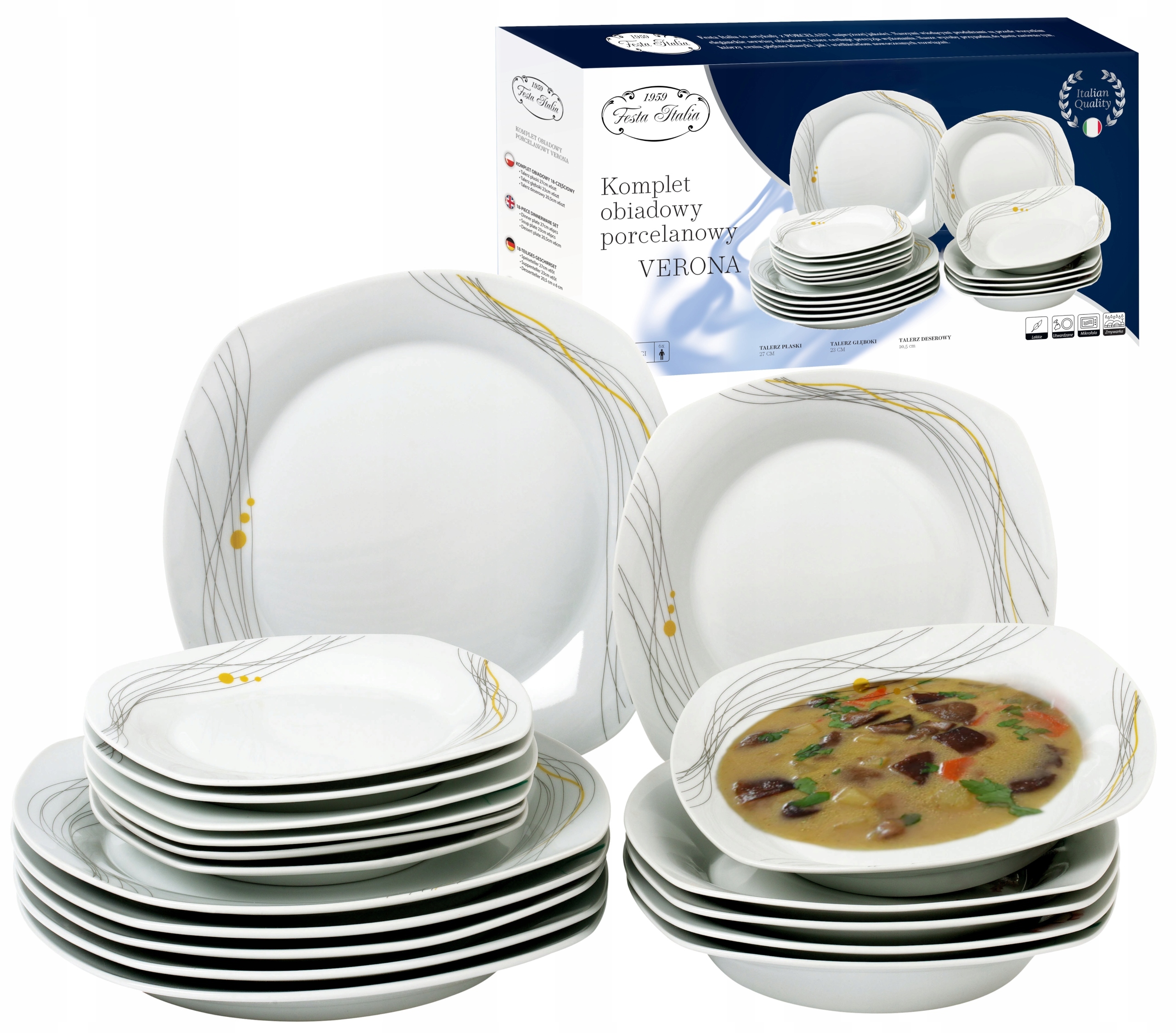 SERWIS OBIADOWY PORCELANOWY ZESTAW TALERZY BIAŁY NA 6 OSÓB WZÓR LINIE ...