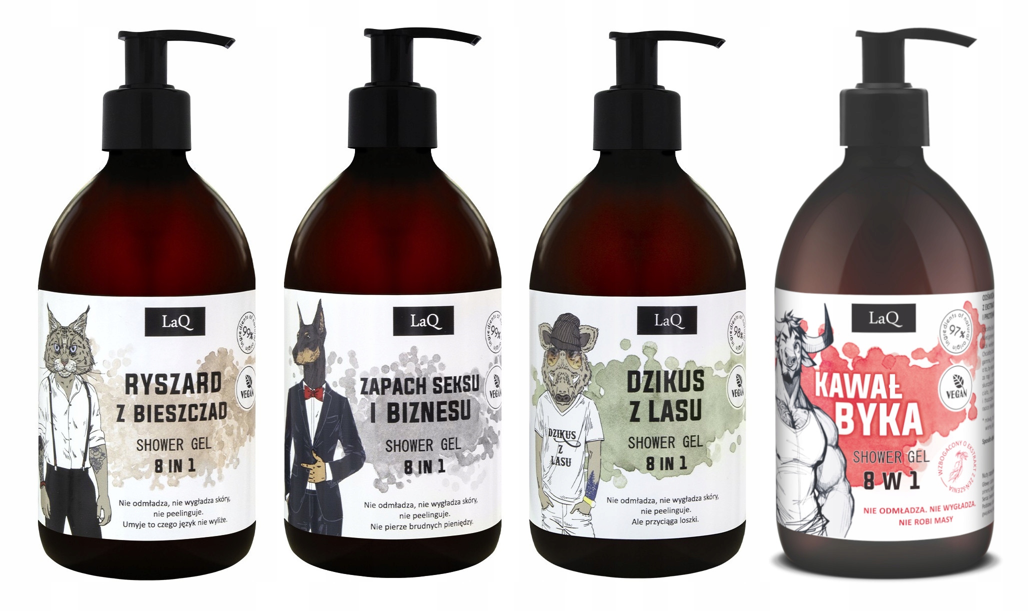 LAQ ZESTAW MĘSKICH ŻELI POD PRYSZNIC RYŚ/DOBERMAN/DZIK/KAWAŁ BYKA ...