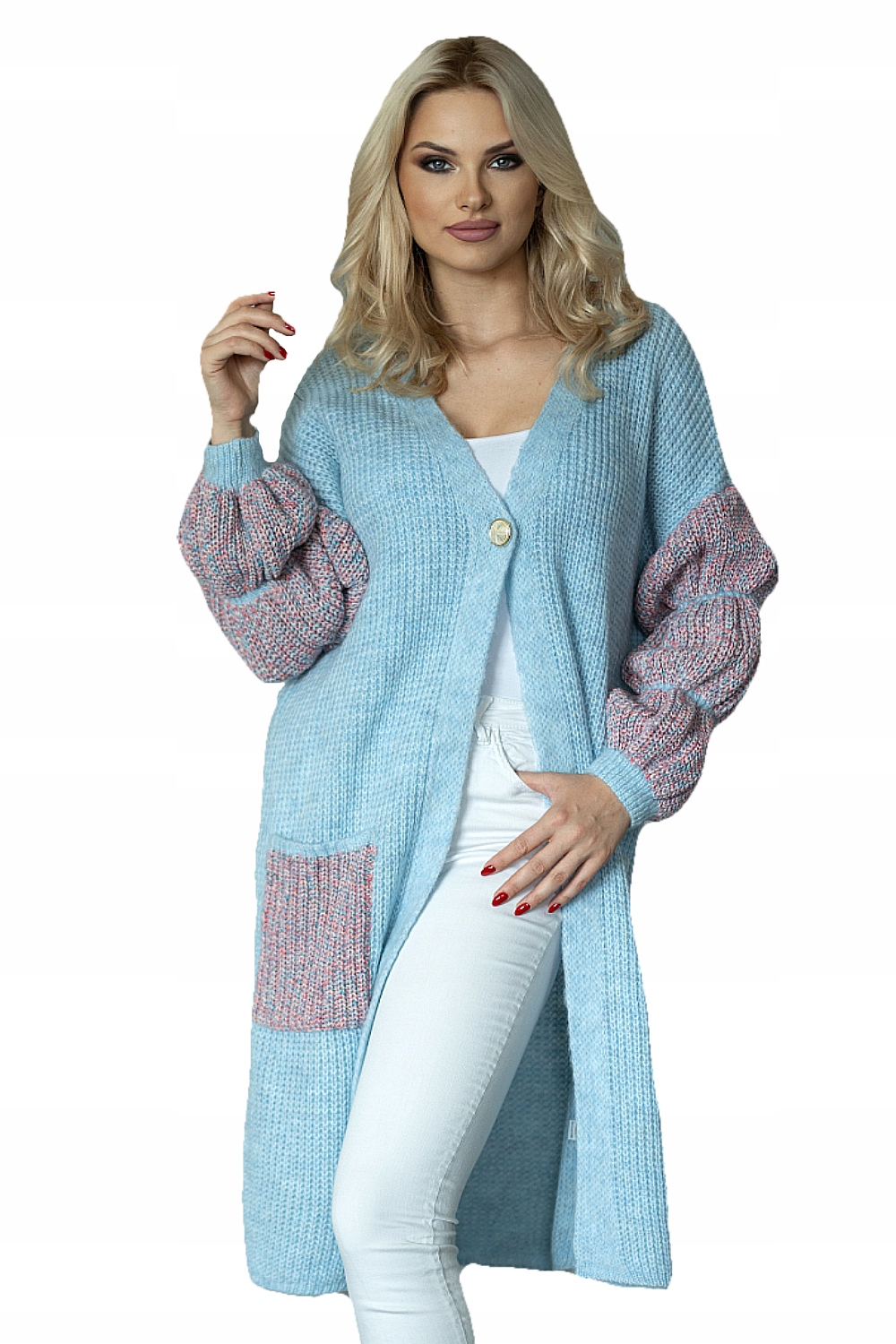 30086 DŁUGI KARDIGAN ZAPINANY NA GUZIK BŁĘKIT (5904726009789) • Cena ...