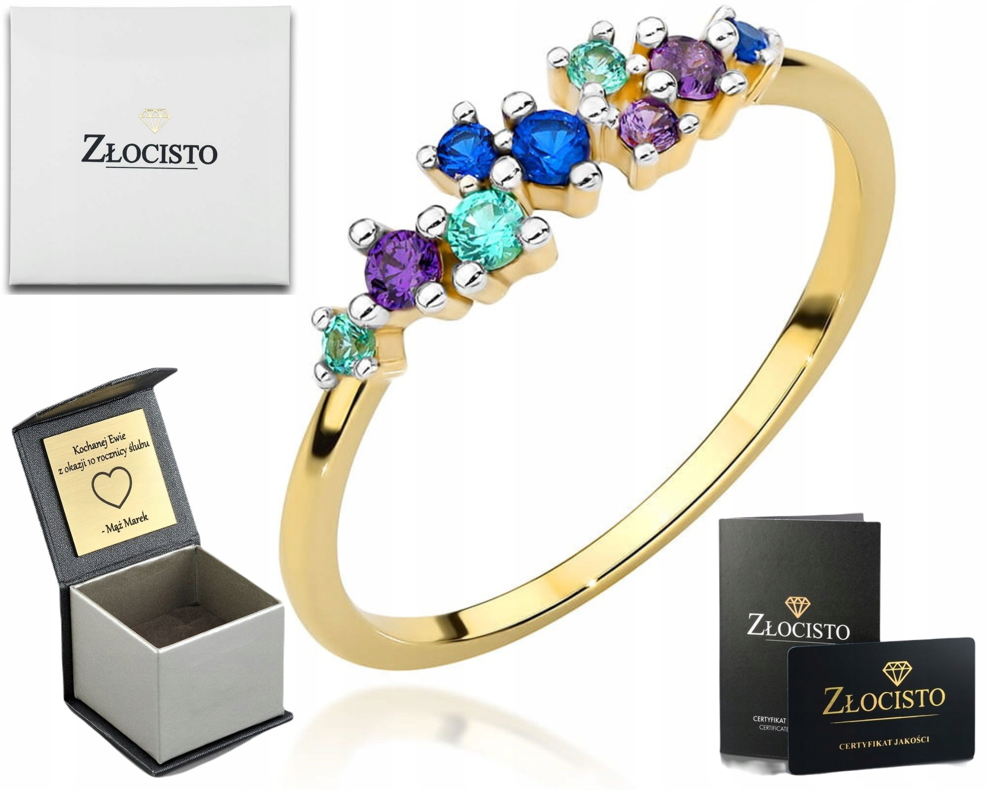ZLATÝ PRSTÝNEK S KAMENY V BARVÁCH SAFÍRU, RYZOST 585 DÁREK GRAVÍROVÁNÍ ...
