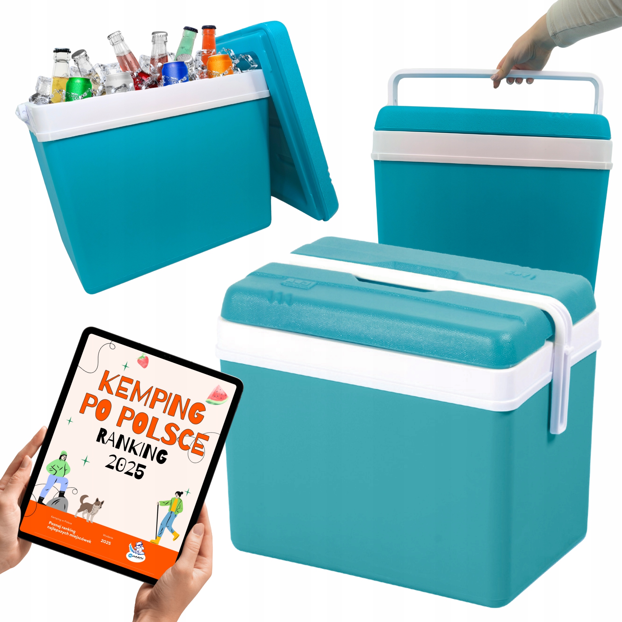 TURISTICKÁ CHLADNIČKA 35L TYRKYSOVÁ na MRAZÍCÍ VLOŽKY do auta KAMPERA ...