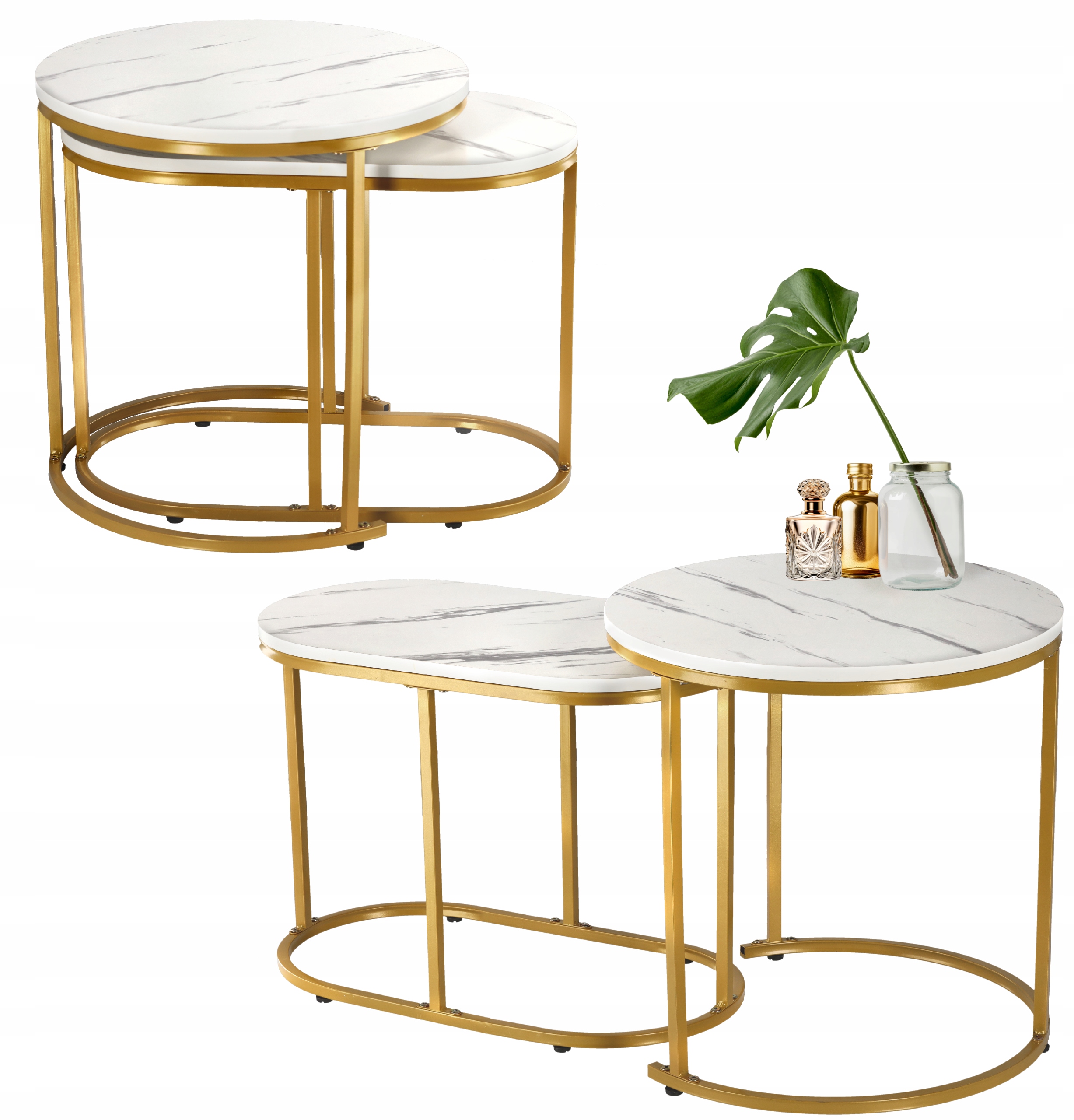 STOLIK KAWOWY 2 STOLIKI BIAŁY MARMUR OWALNY ZŁOTA RAMA (FAT1466) • Cena ...